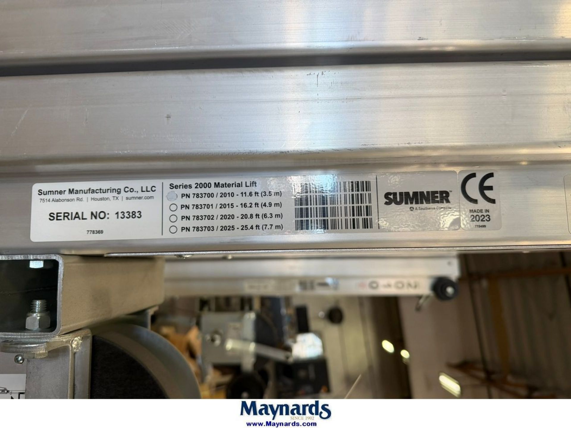 2023 Sumner 1,000 Lb. Cap. Material Lift (Model 2010) , S/N 13383