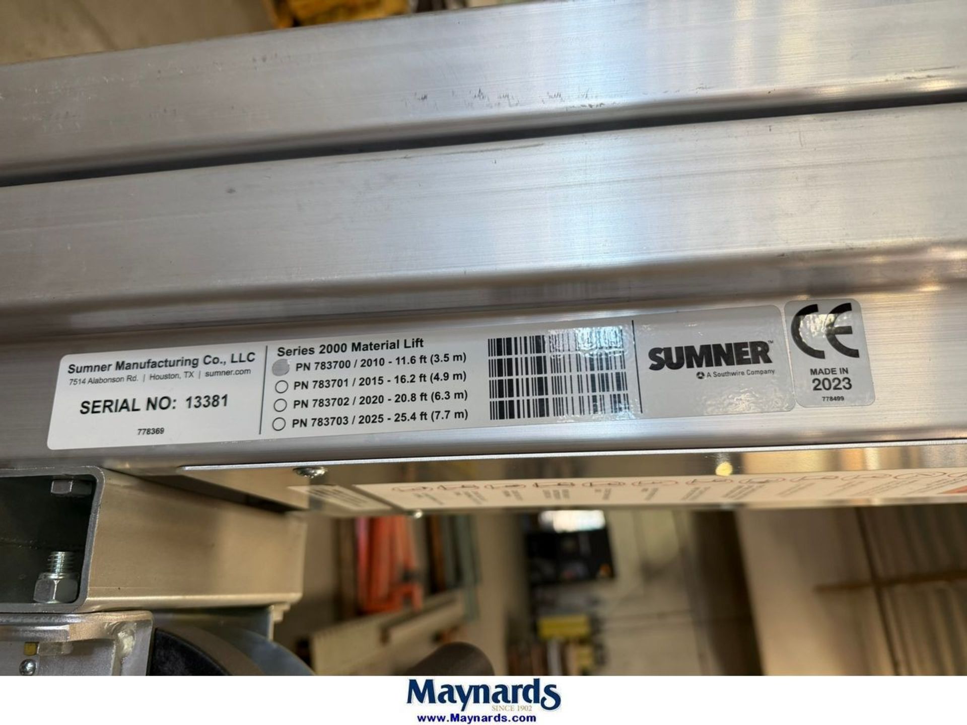 2023 Sumner 1,000 Lb. Cap. Material Lift (Model 2010) , S/N 13381