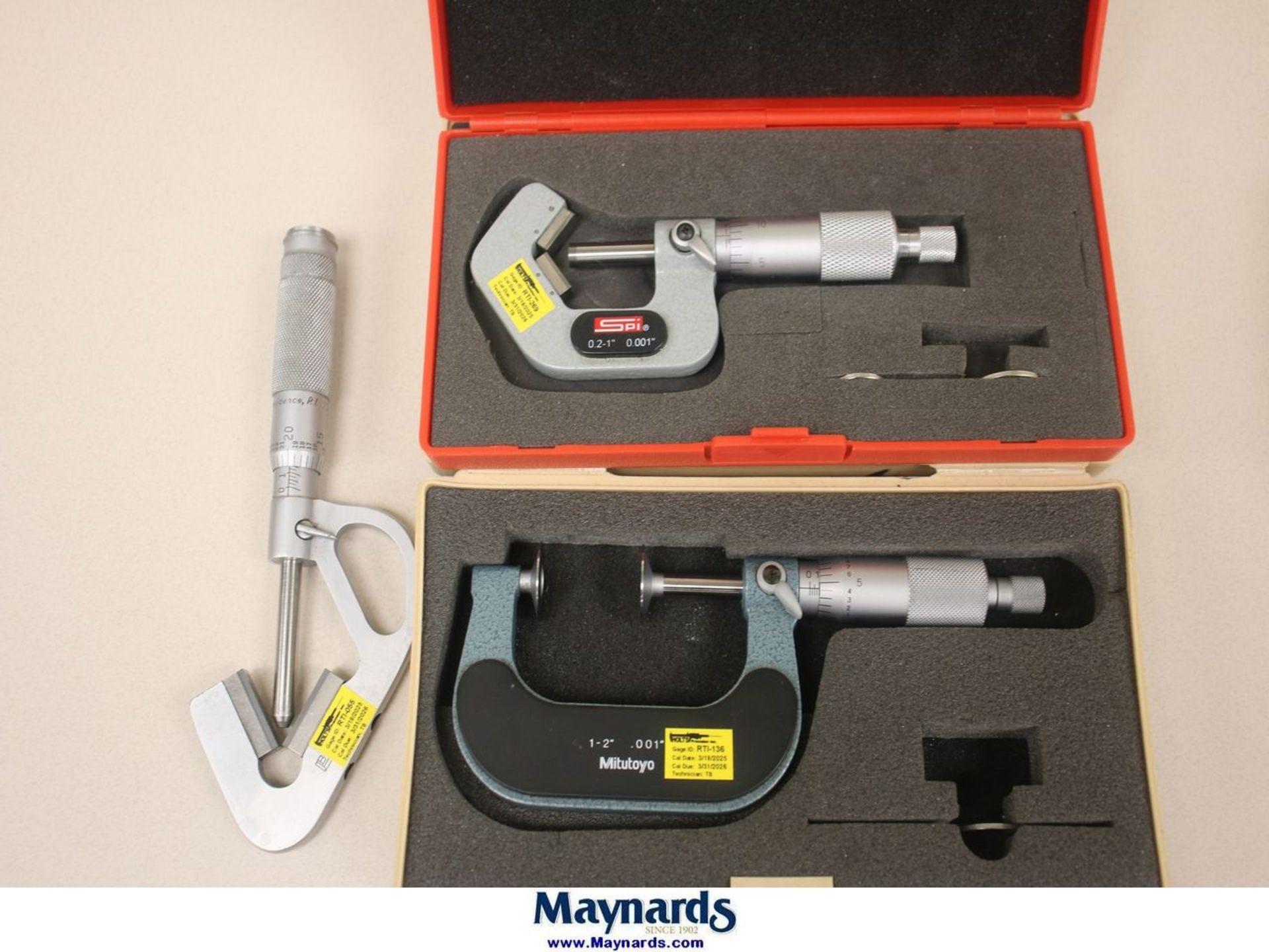 Lot of (3) Micrometers (2) V-Micrometers, (1) Disc Micrometer