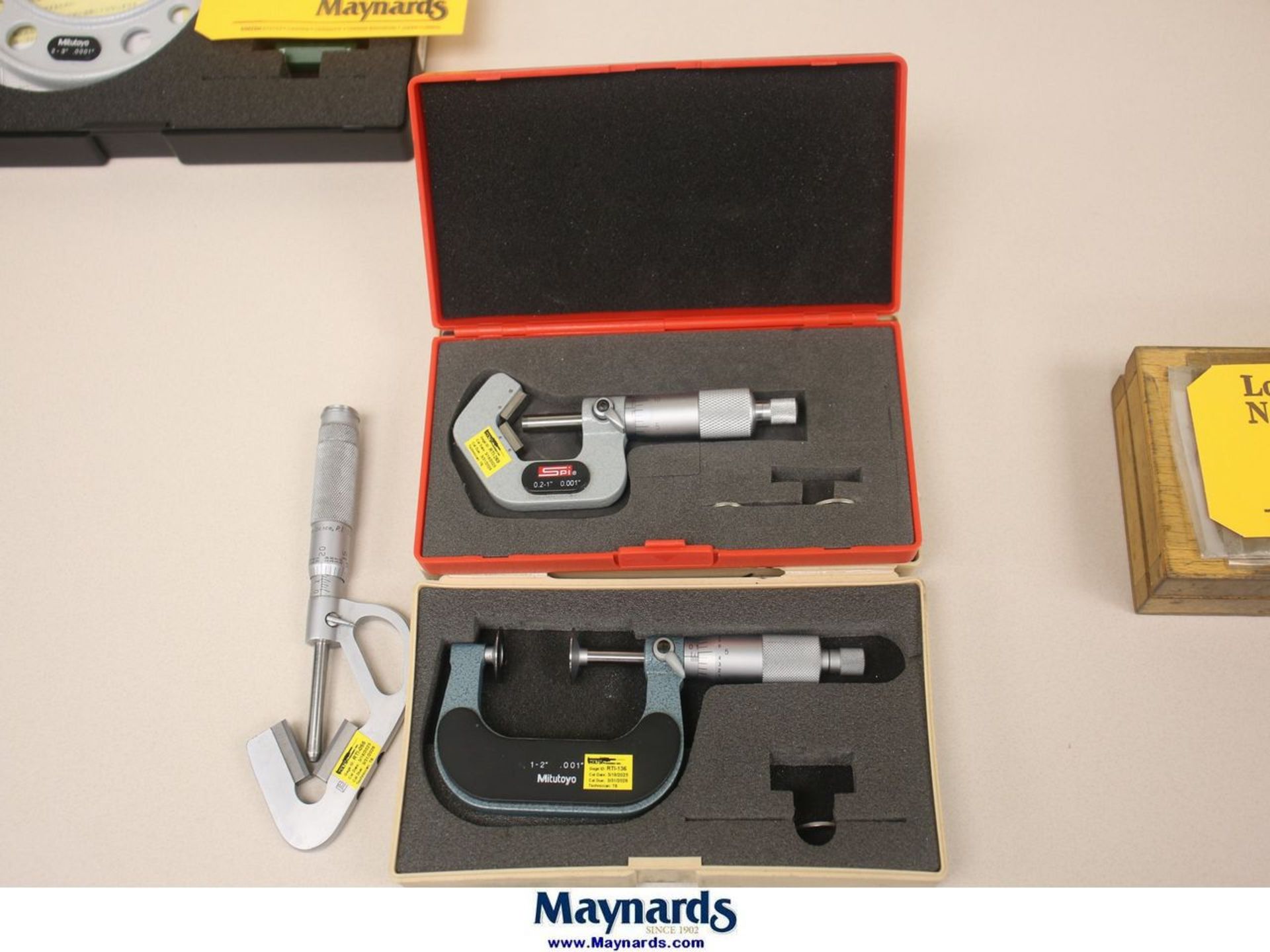 Lot of (3) Micrometers (2) V-Micrometers, (1) Disc Micrometer
