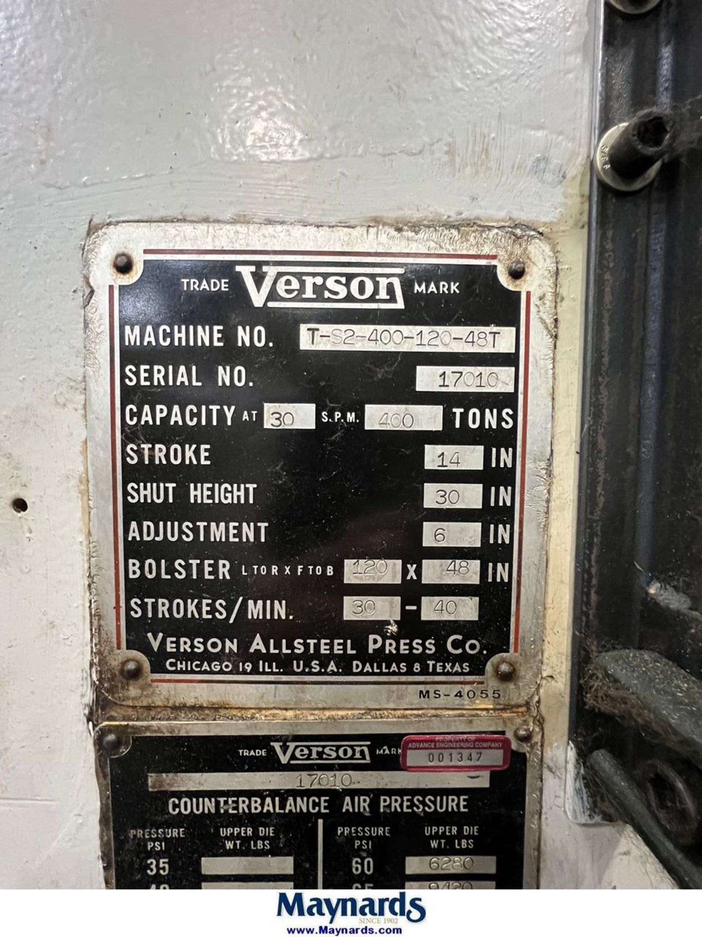 400 Ton Verson #T-S2-400-120-48T 2-Point Straight Side Transfer Press ...