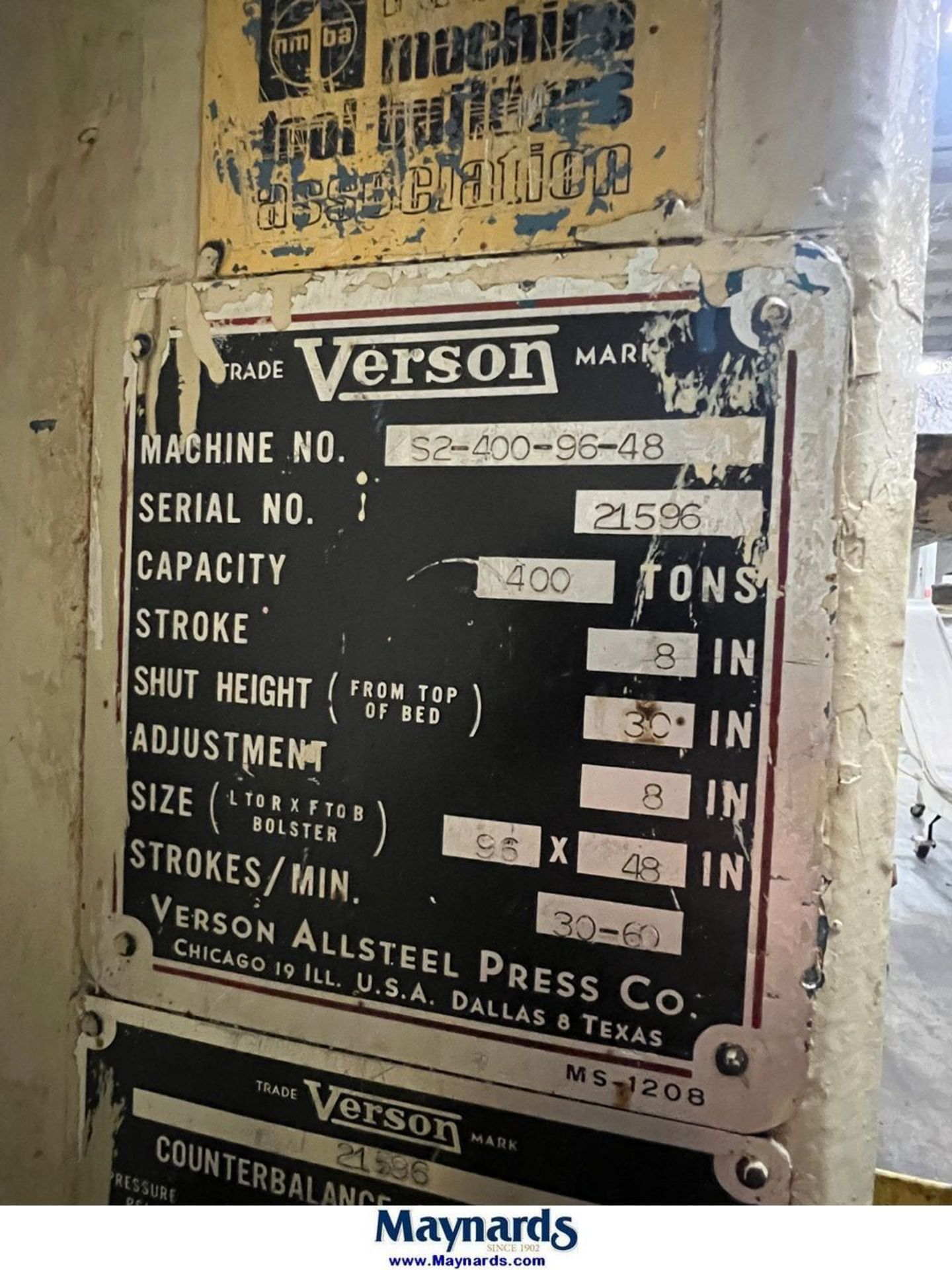 400 Ton Verson #S2-400-96-48T 2-Point Straight Side Press 48" x 96" Bed ...