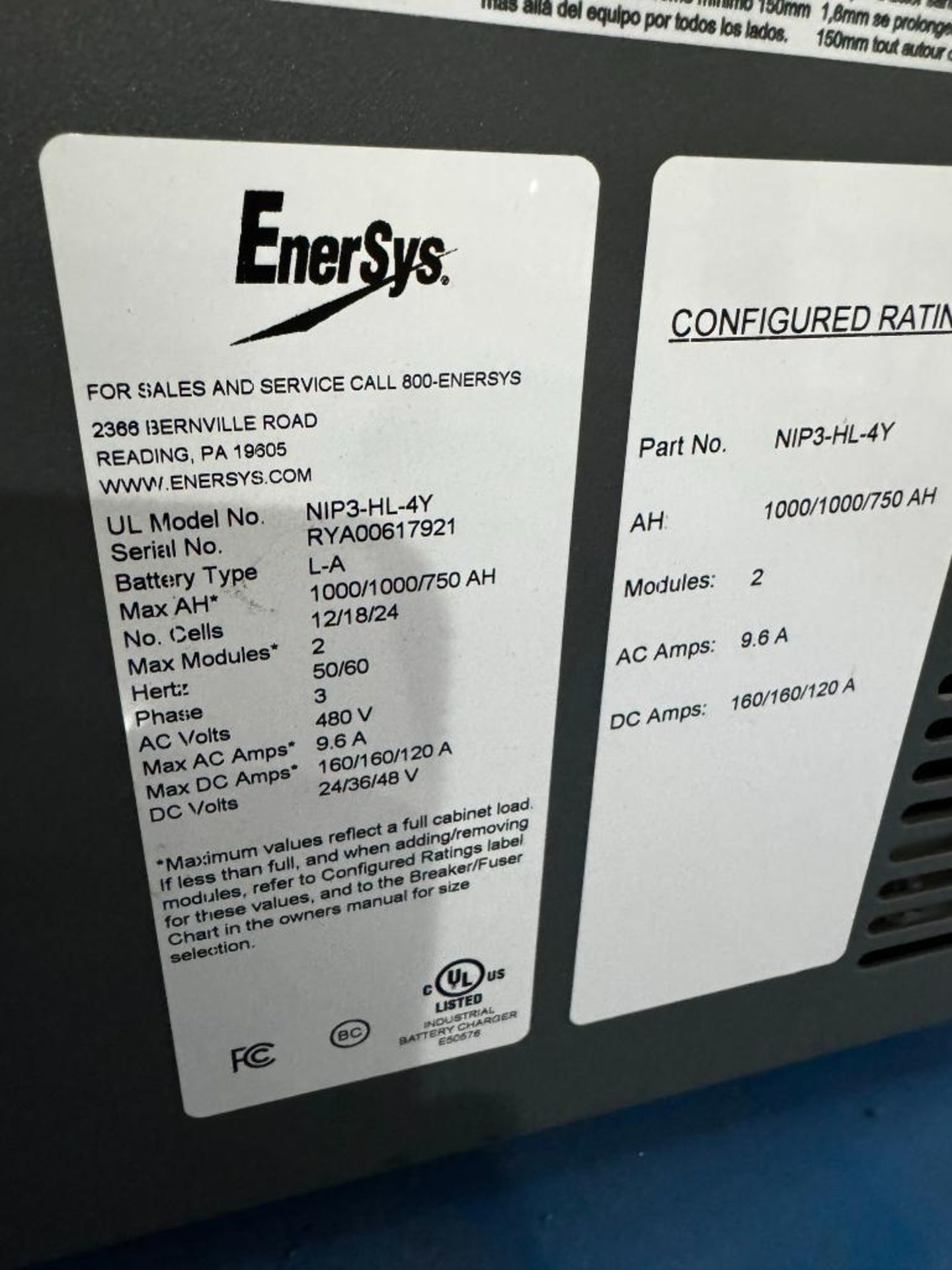 Enersys Battery Charger, 24/36/48 Volt, 3 Phase, Model N1P3-HL-4Y