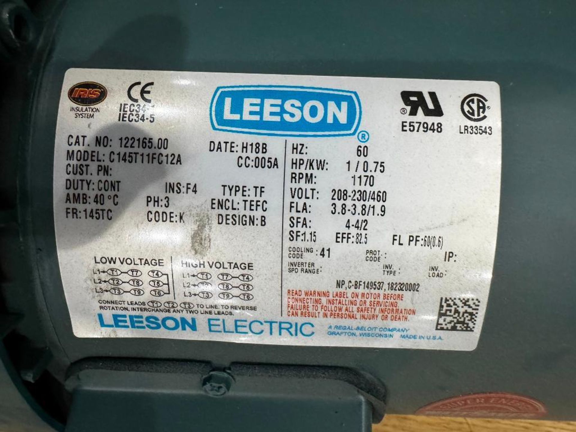 (2x) Lesson Electric Motors, 1/0.75 HP, 1170 RPM, 208-130/460 Volt, 3 ...