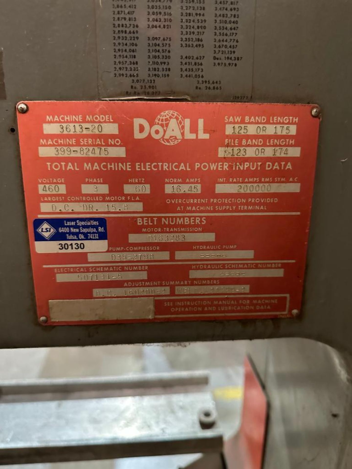 DoALL Contour Machine, DBW-15, s/n 290-8212401, 240v, Single-Phase