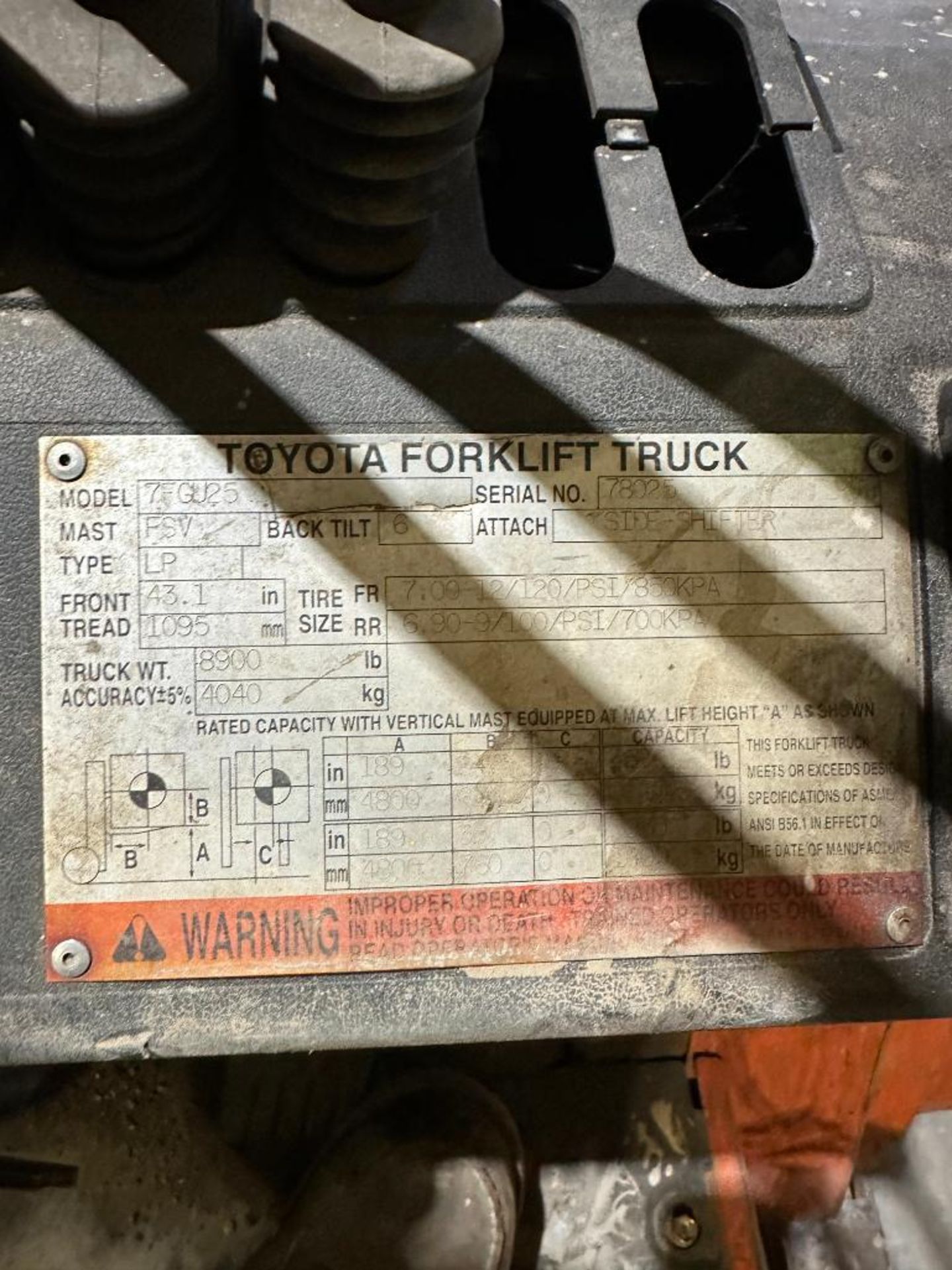 2005 Toyota 5,000 LB. Capacity Forklift, Model 7FGU25, S/N 78025, Lever ...