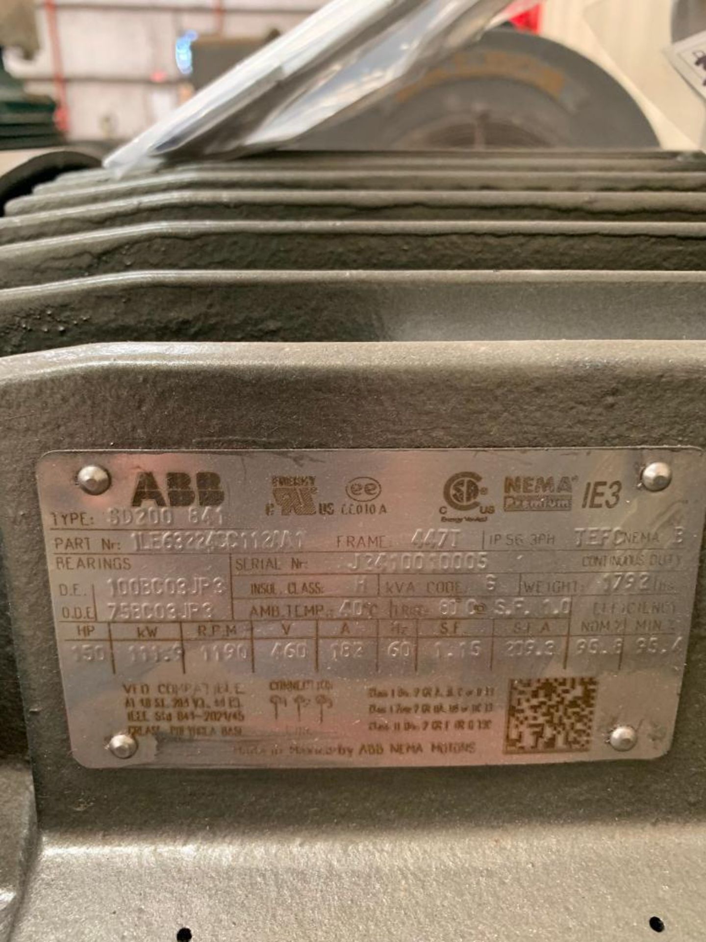 ABB 150-HP Induction Motor, 3-Phase, 460 Volts, 182 Amps, 1190 RPM ...