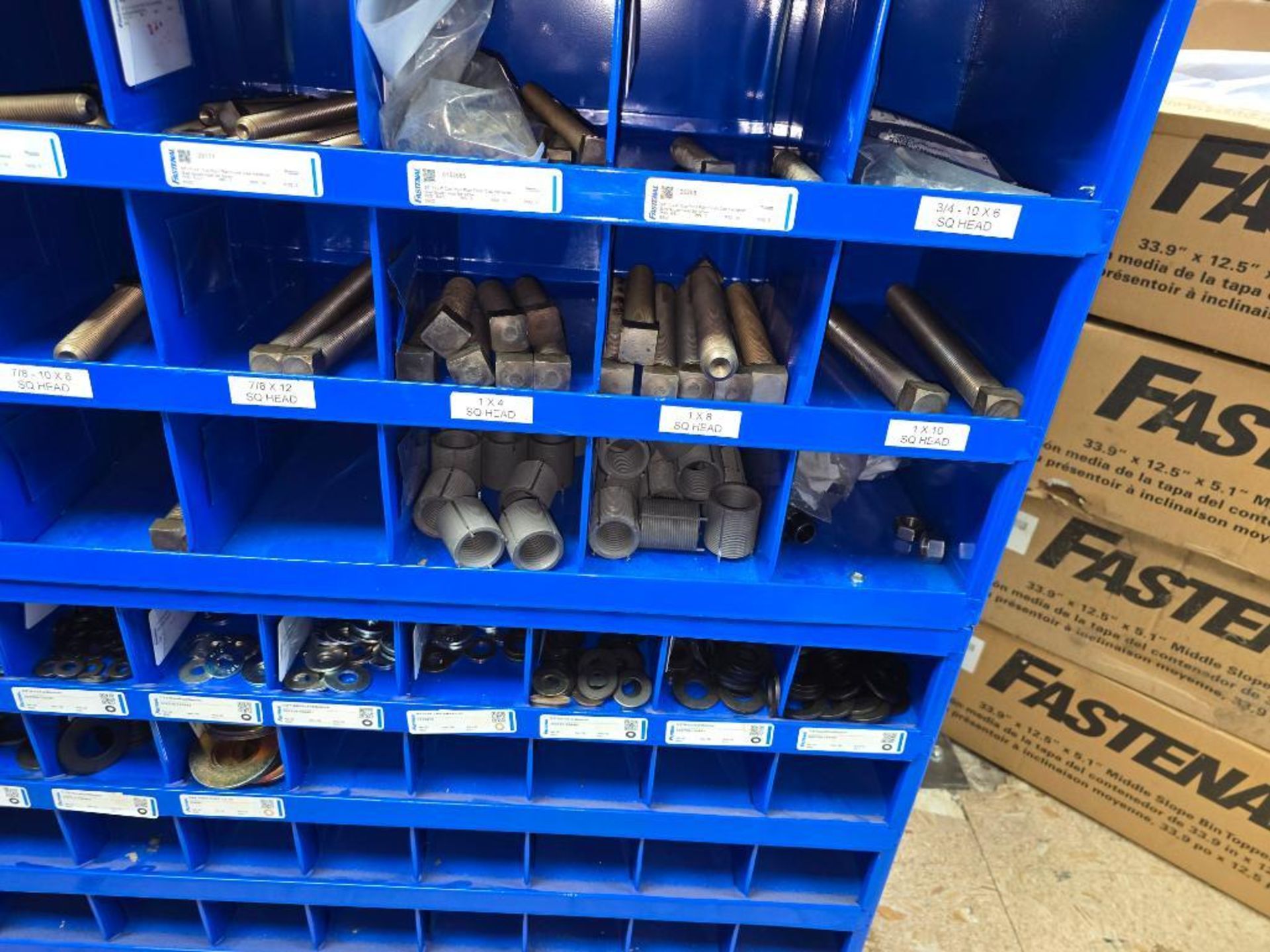 (22) Blue Pigeon-Hole Sections of Fastenal Parts & Hardware, (4) Boxes ...