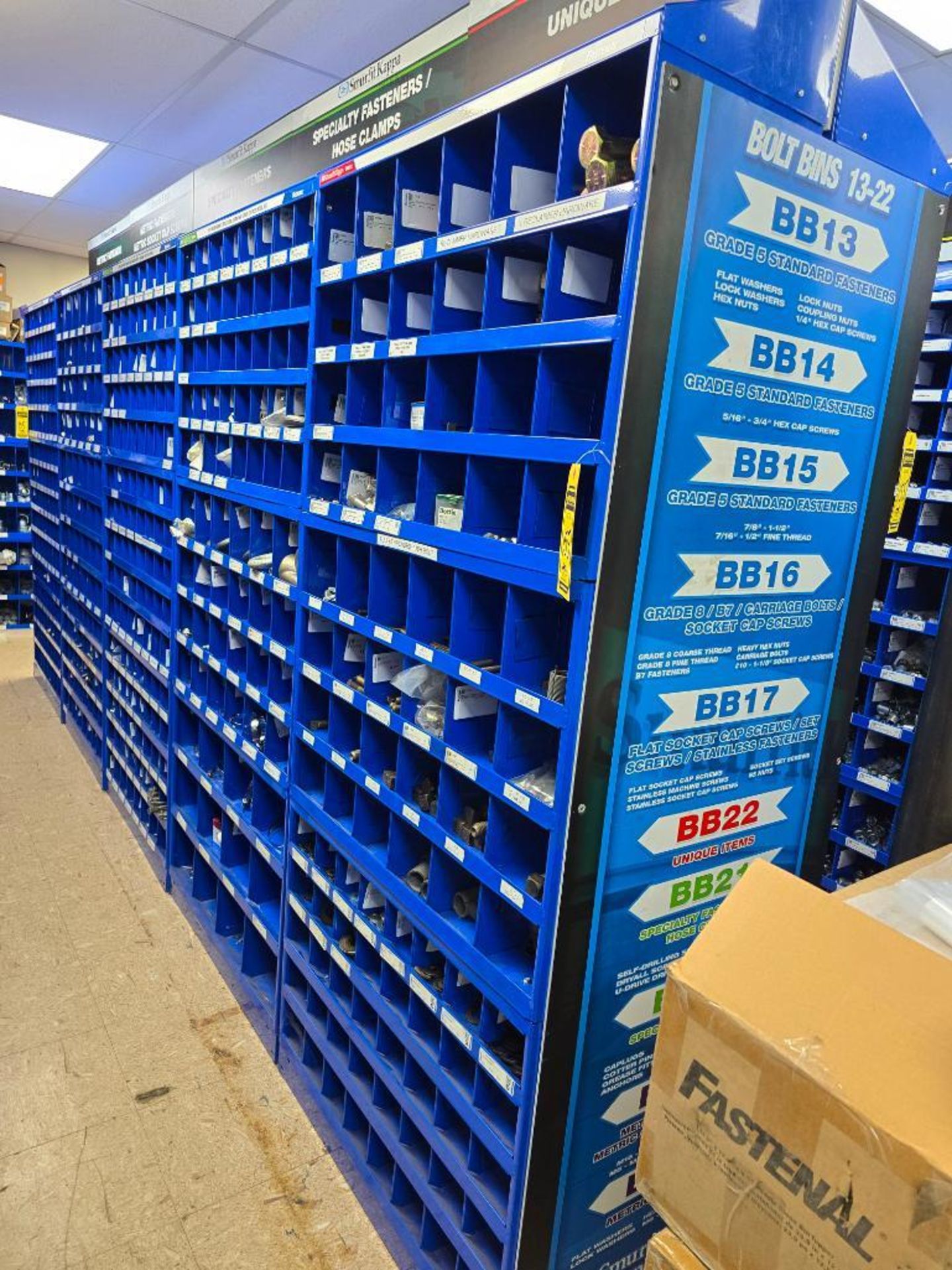 (22) Blue Pigeon-Hole Sections of Fastenal Parts & Hardware, (4) Boxes ...