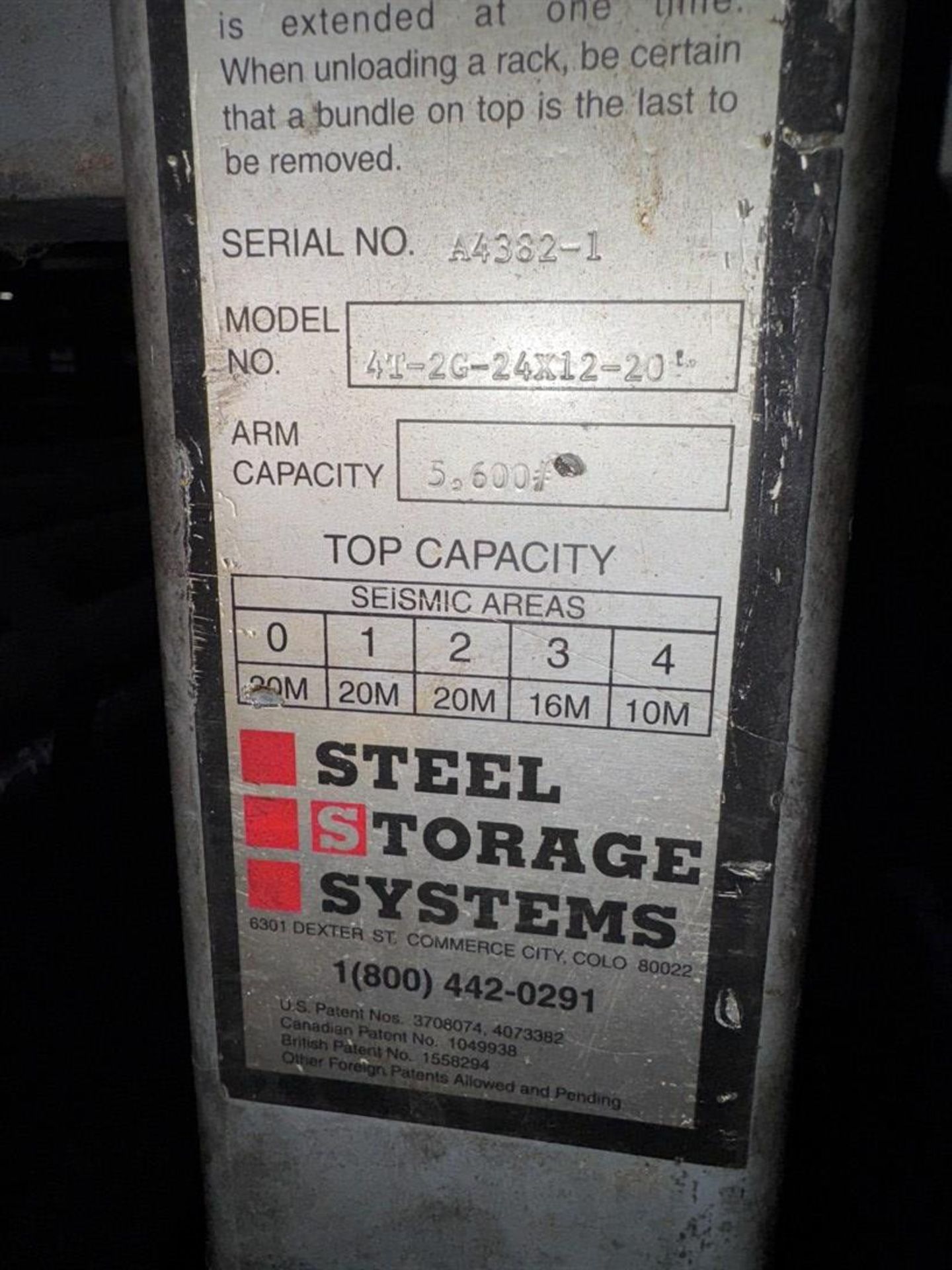 STEEL STORAGE SYSTEMS 4T-2C-24X12R-20 Stock Rack, s/n A4382-1, 5600 Lb ...