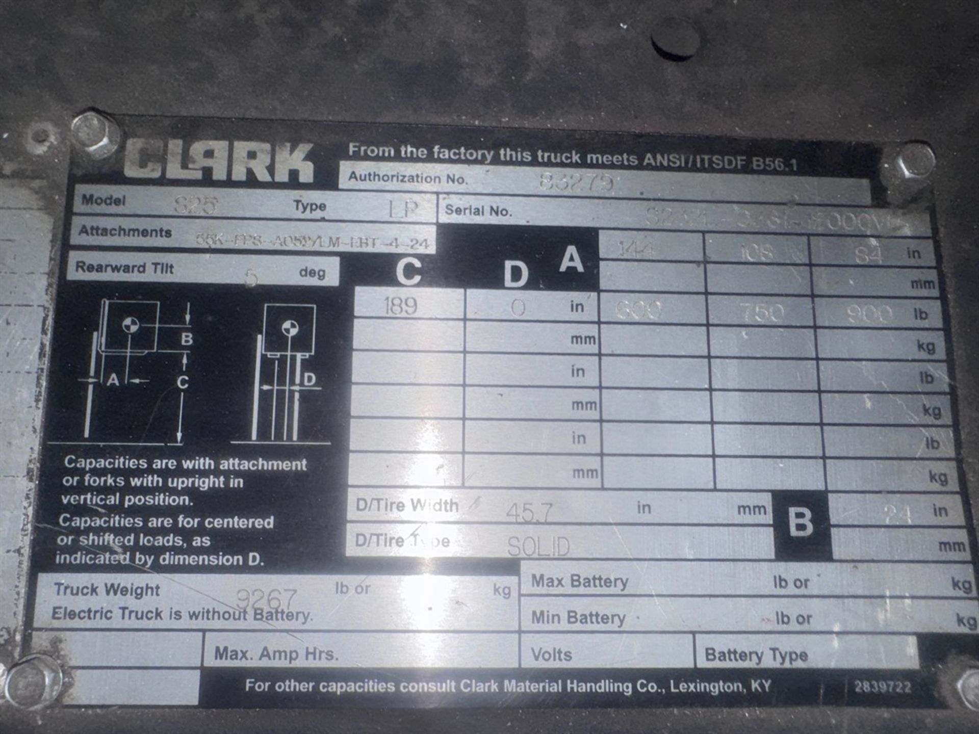 CLARK S25 5,000 lb. LPG Forklifts, s/n S232L-0361-120000VN, Air Tires ...