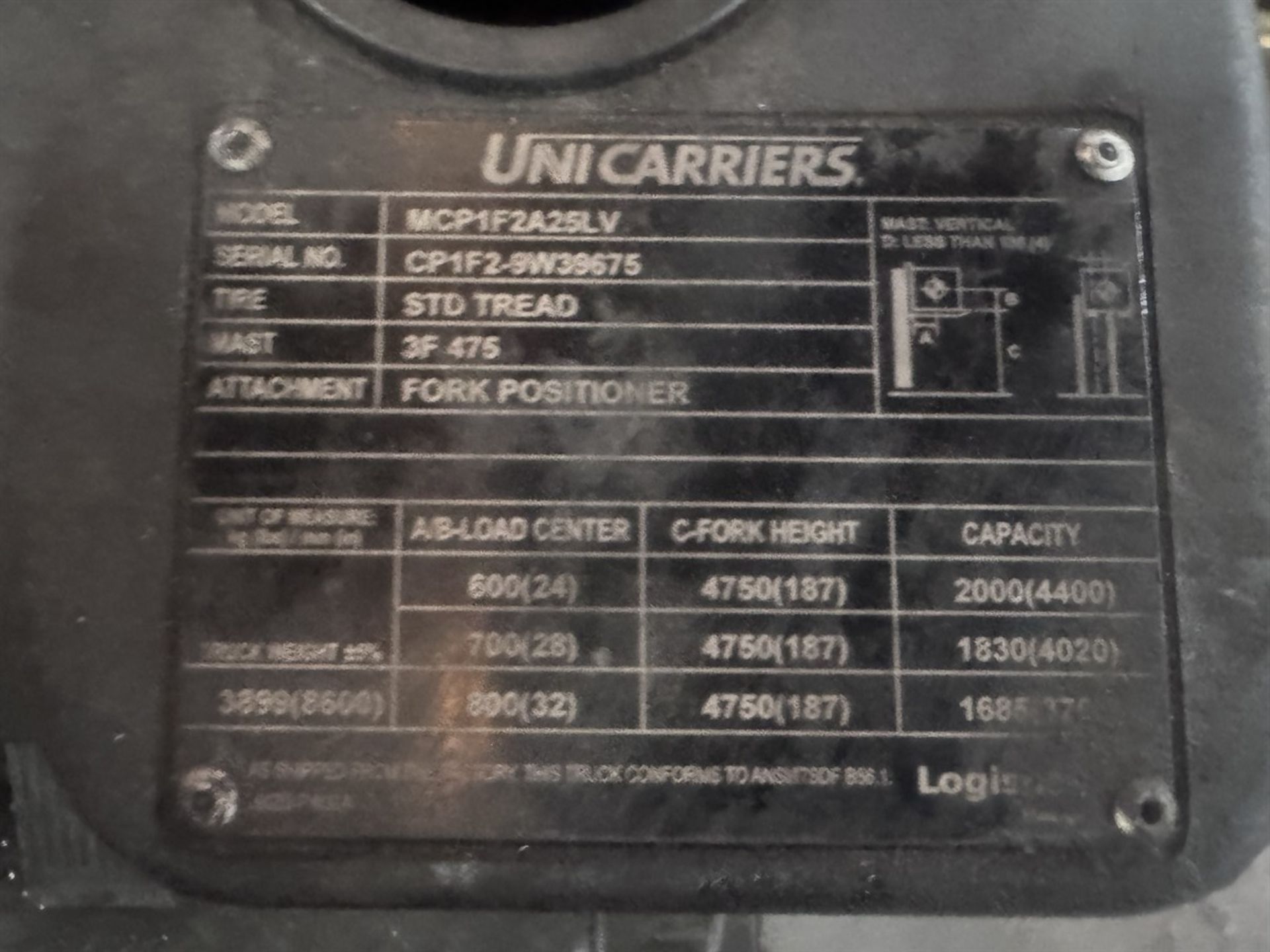 UNICARRIERS MCP1F2A25LV 4,400 lb. LPG Forklift, s/n CP1F2-9W39675, Air ...