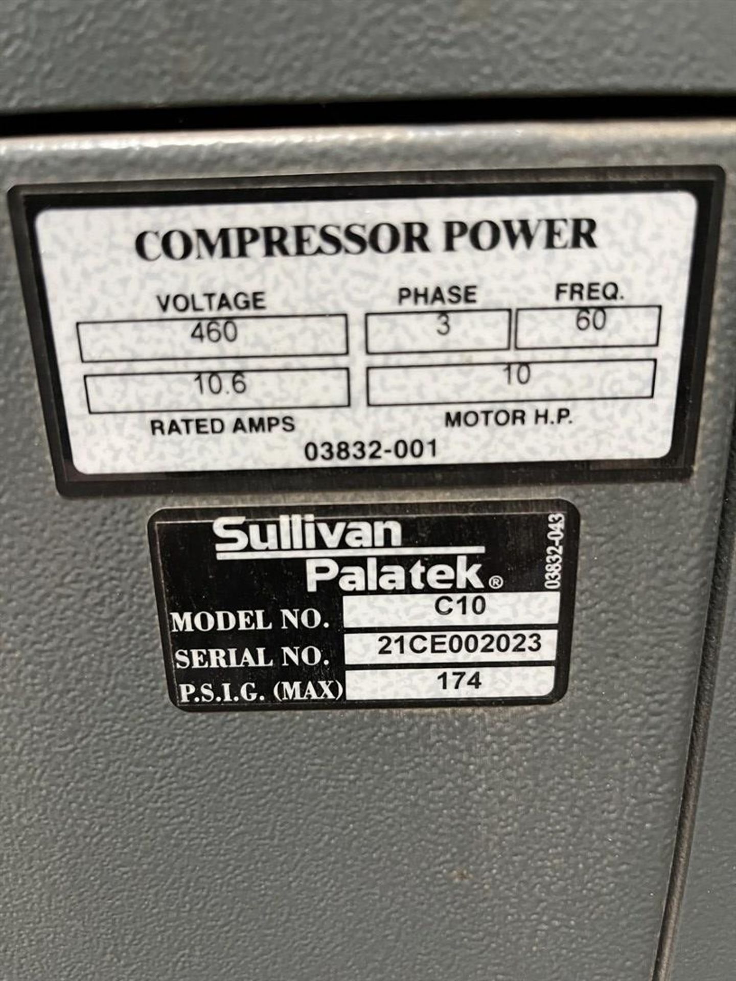 SULLIVAN PALATEK C10 Air Compressor, s/n 21CE002023, 174 Max PSIG, 1 ...