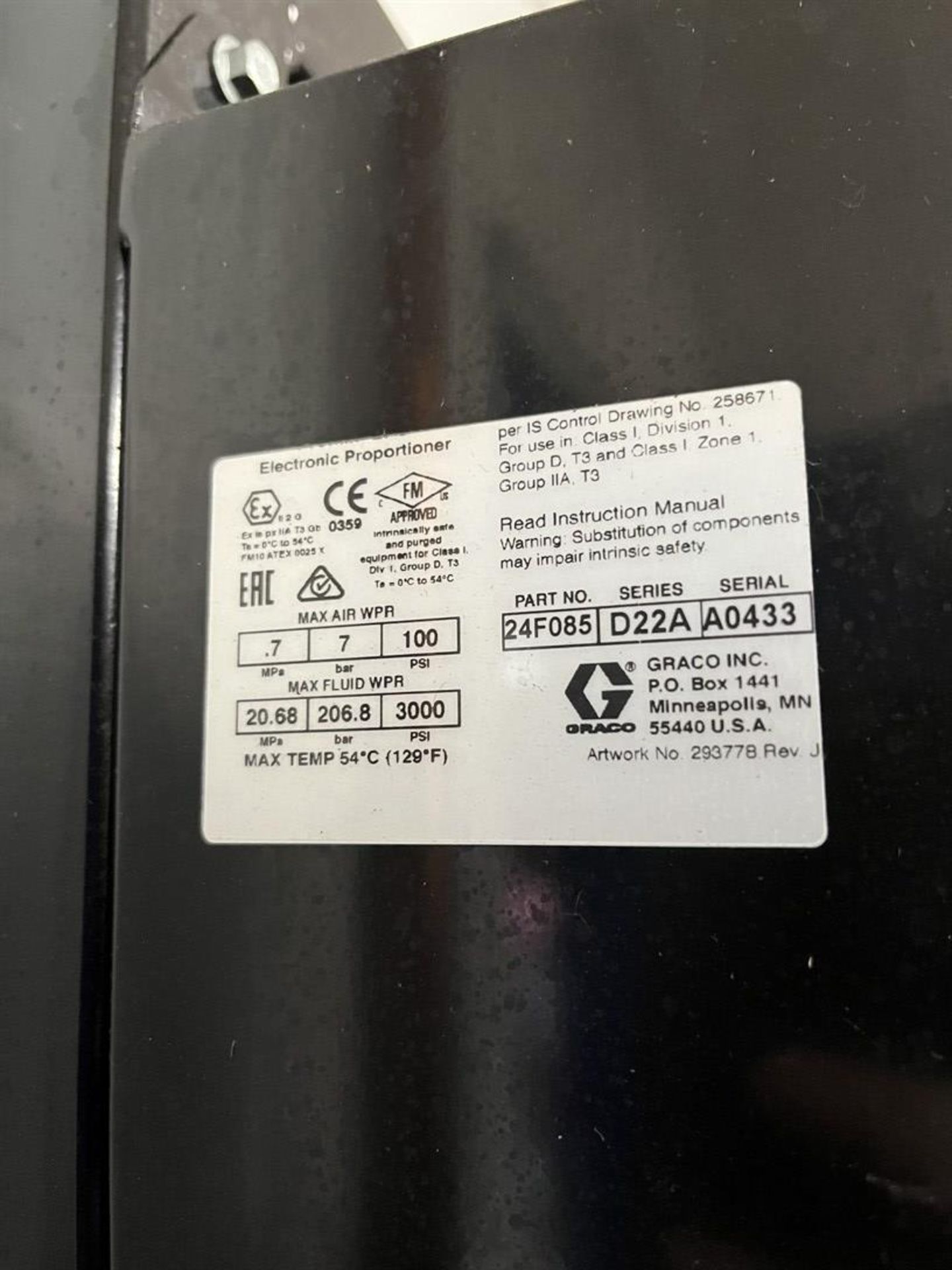 GRACO ProMix 2KE Electronic Proportioner, Series D22A, 100 Max PSI s/n ...