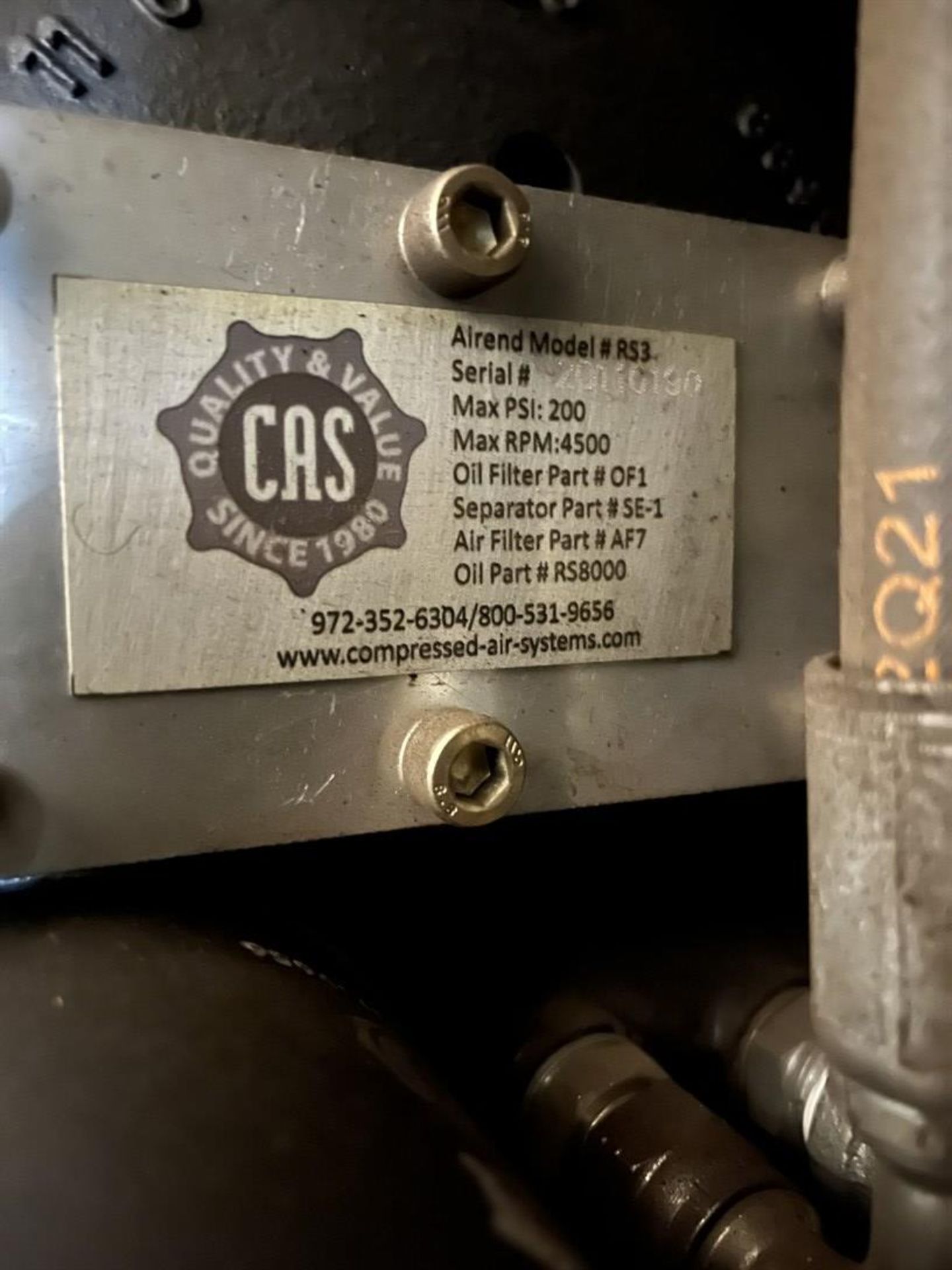 CAS RS153ENC3-SE 15 hp Tank Mount Air Compressor, s/n 20110190, 200 PSI ...