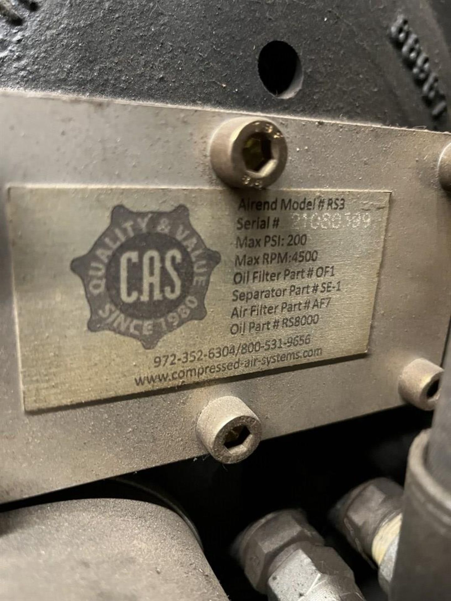 CAS RS153ENC3-SE 15 hp Tank Mount Air Compressor, s/n 21080399, 200 PSI ...