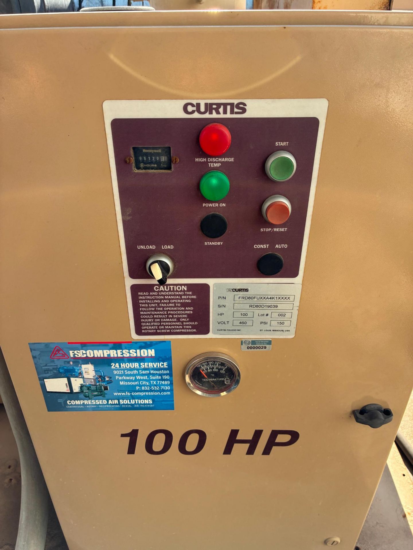 SKID MOUNTED ROTARY SCREW AIR COMPRESSOR, CURTIS, MDL. FRD80FUXXA4K1XXX ...