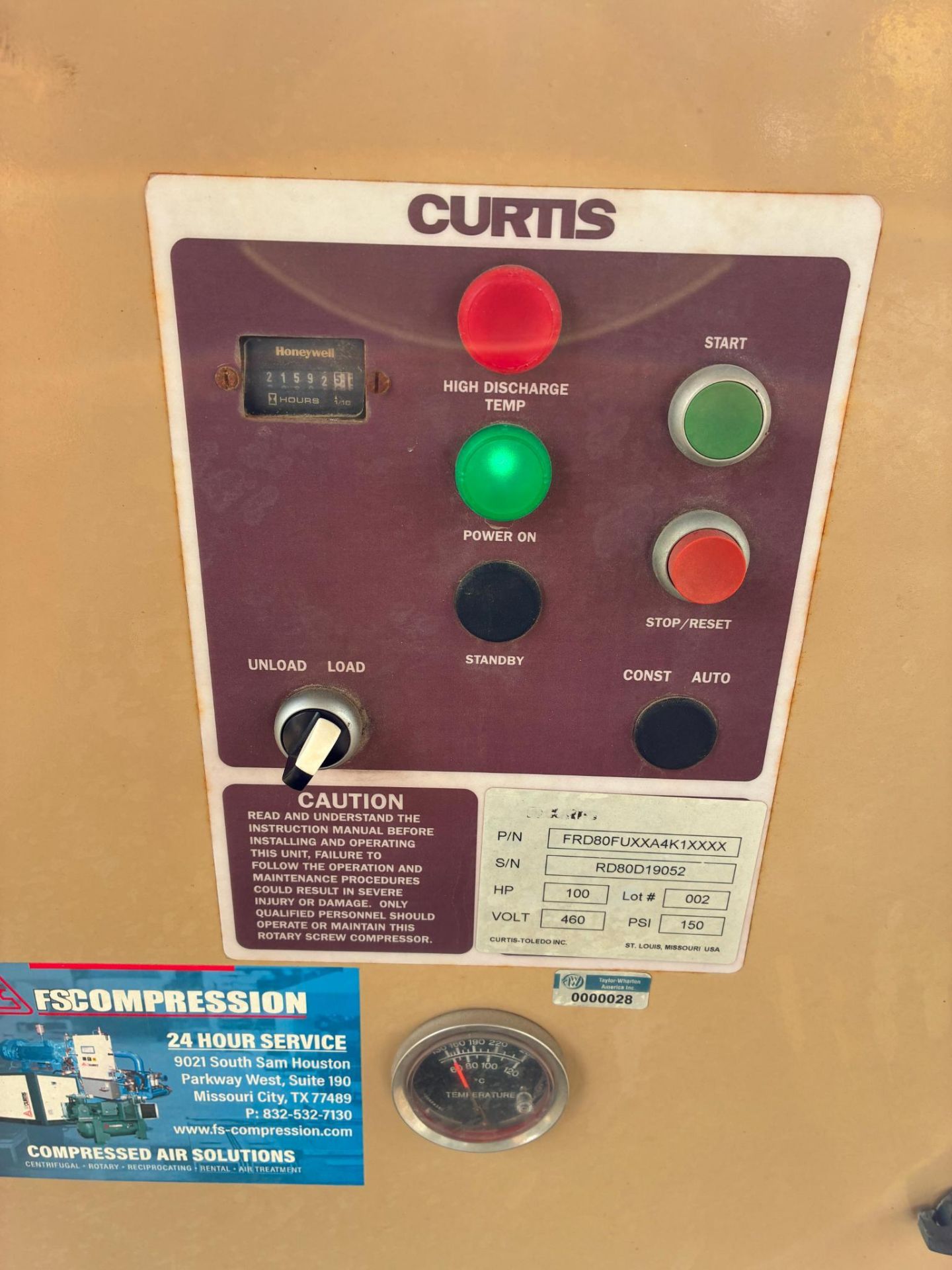 SKID MOUNTED ROTARY SCREW AIR COMPRESSOR, CURTIS, MDL. FRD80FUXXA4K1XXX ...