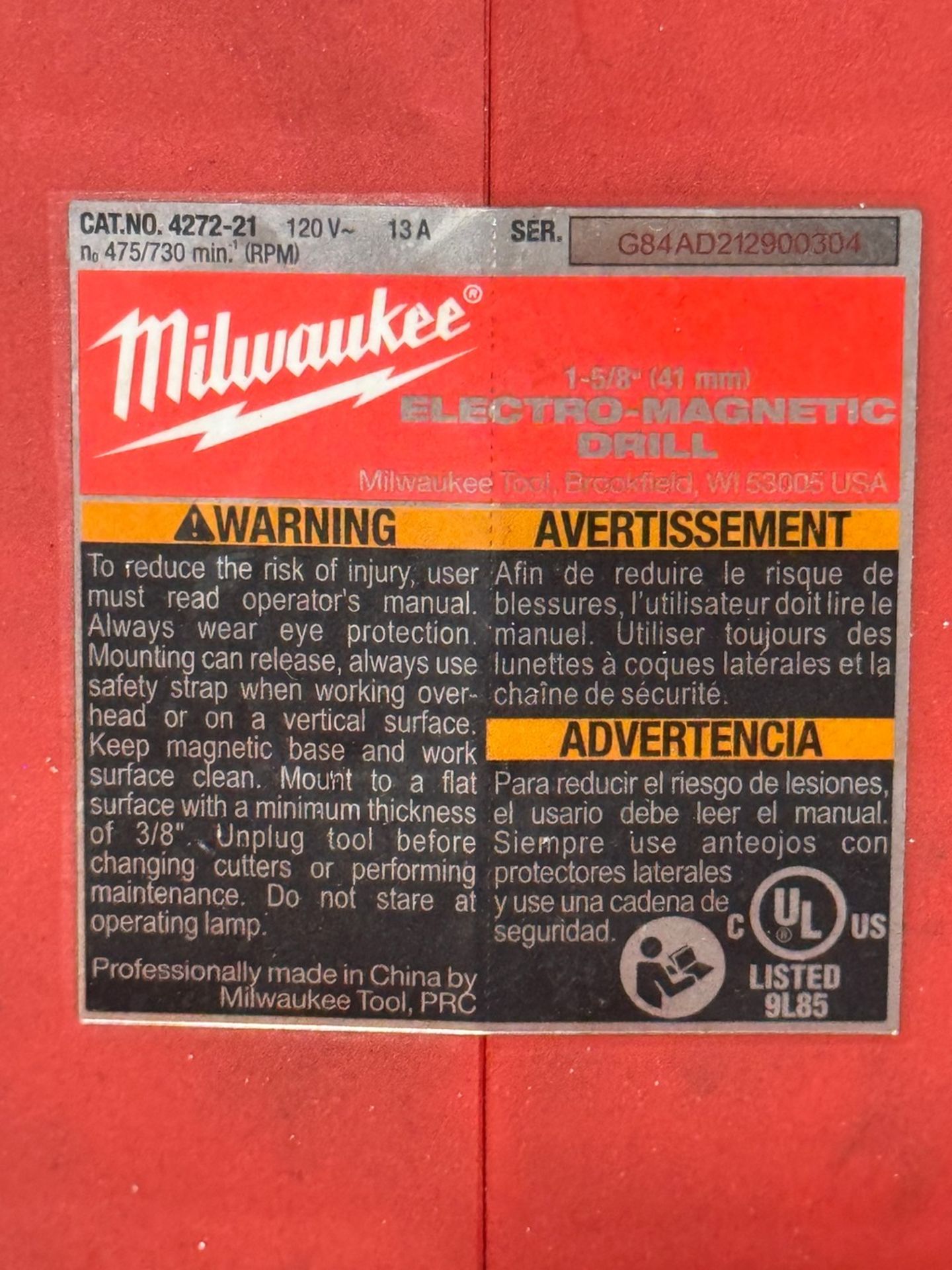(1) Milwaukee Electro-Magnetic Drill Model: 4272-21, 1-5/8", 120V, S/N ...