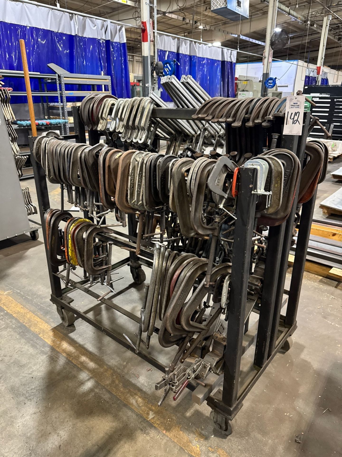 Lot of Assorted Size C-Clamps With Storage Rack