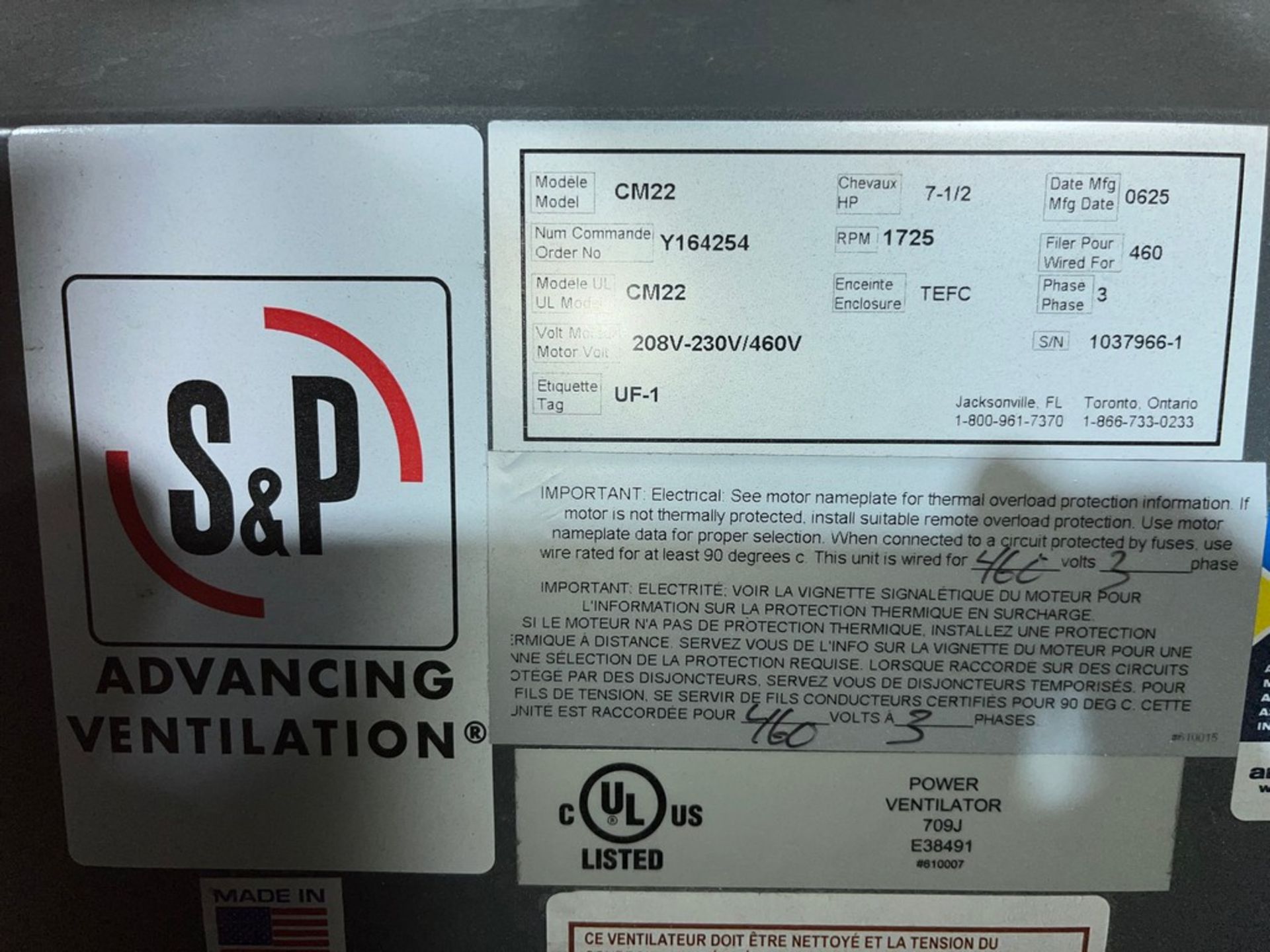 2025 S&P CM22 Industrial Cage Fan w/ Motor, 7.5 HP, 1,725 RPM, S/N ...
