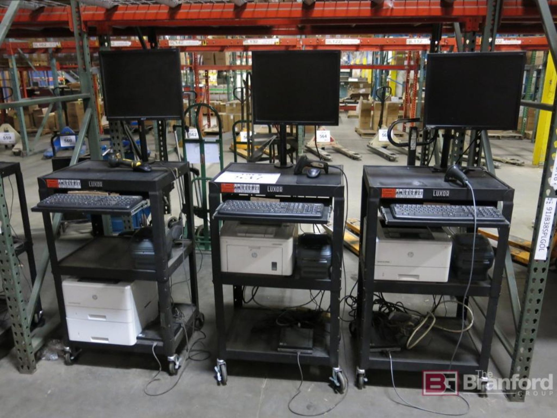 Lot of (3) Luxor Computer Workstations, w/ (3) Monitors, Bar Scan ...