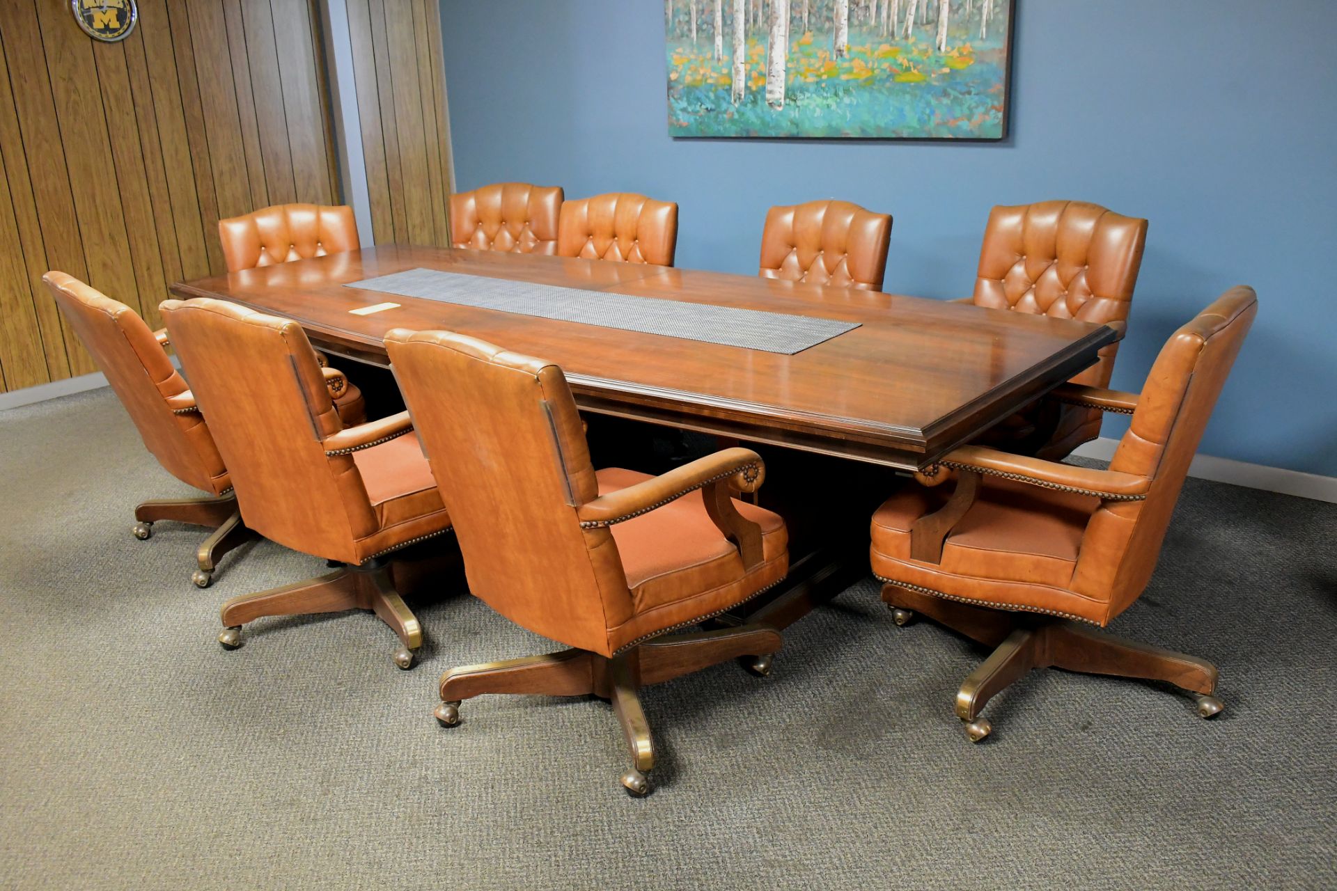 48" x 120" Conference Table with (9) Tan Leather Swivel Office Chairs