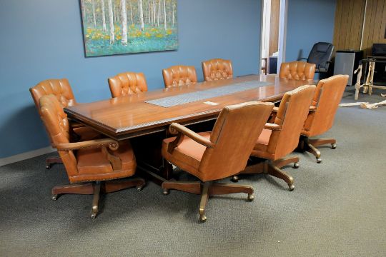 48" x 120" Conference Table with (9) Tan Leather Swivel Office Chairs
