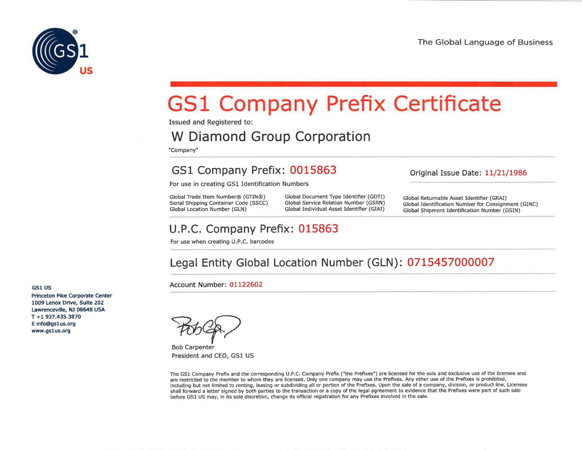 One (1) GS1 certificate with GS1 Company Prefix 0015863, UPC Company ...