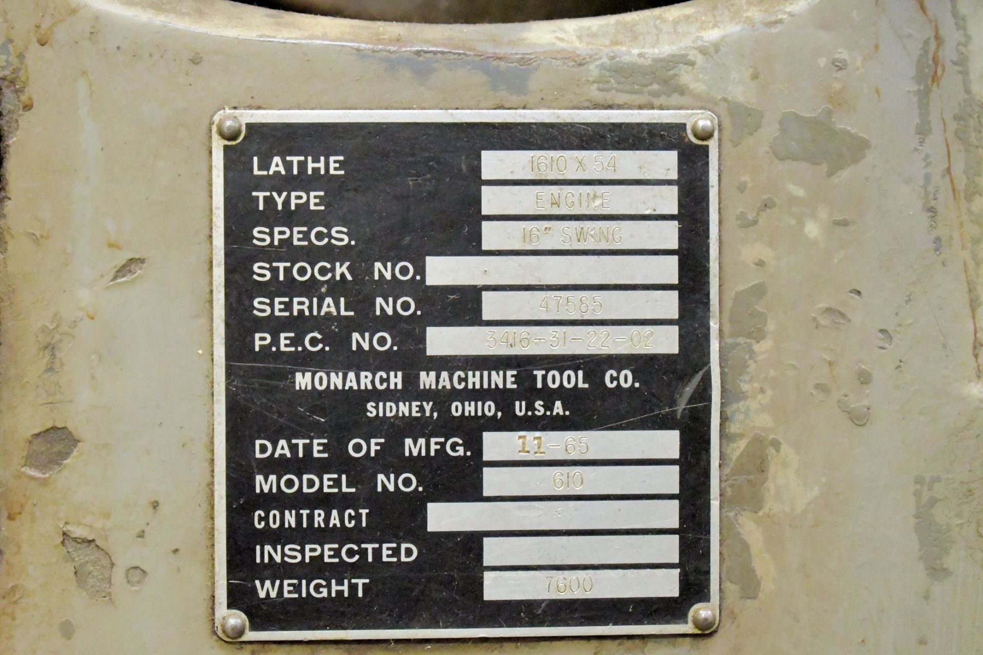 Monarch Model 1610 16" x 54" Engine Lathe, s/n 47585; 15 HP, 12 to ...
