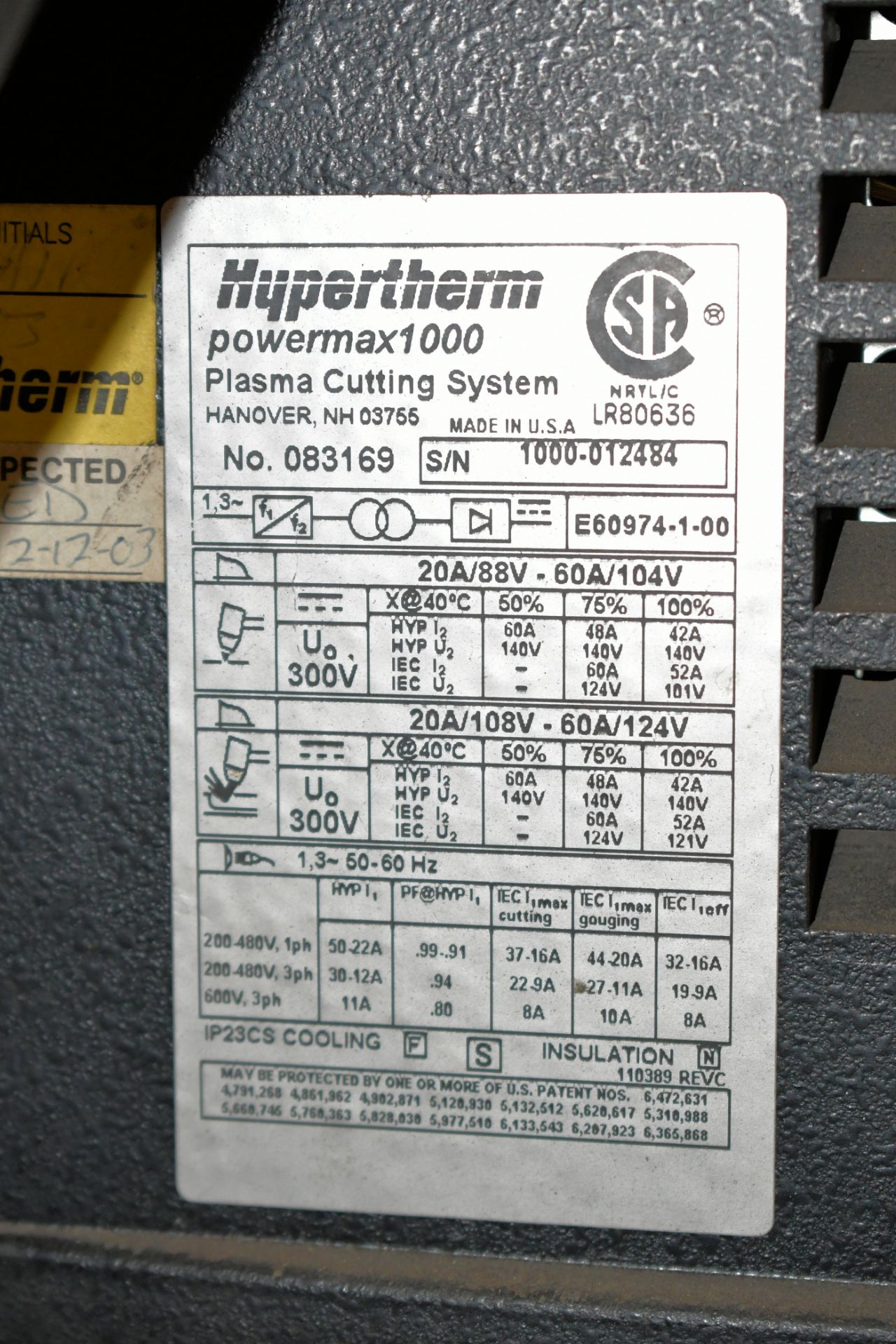 Hypertherm Model PowerMax 1000 Portable Plasma Cutter, s/n 1000-012484