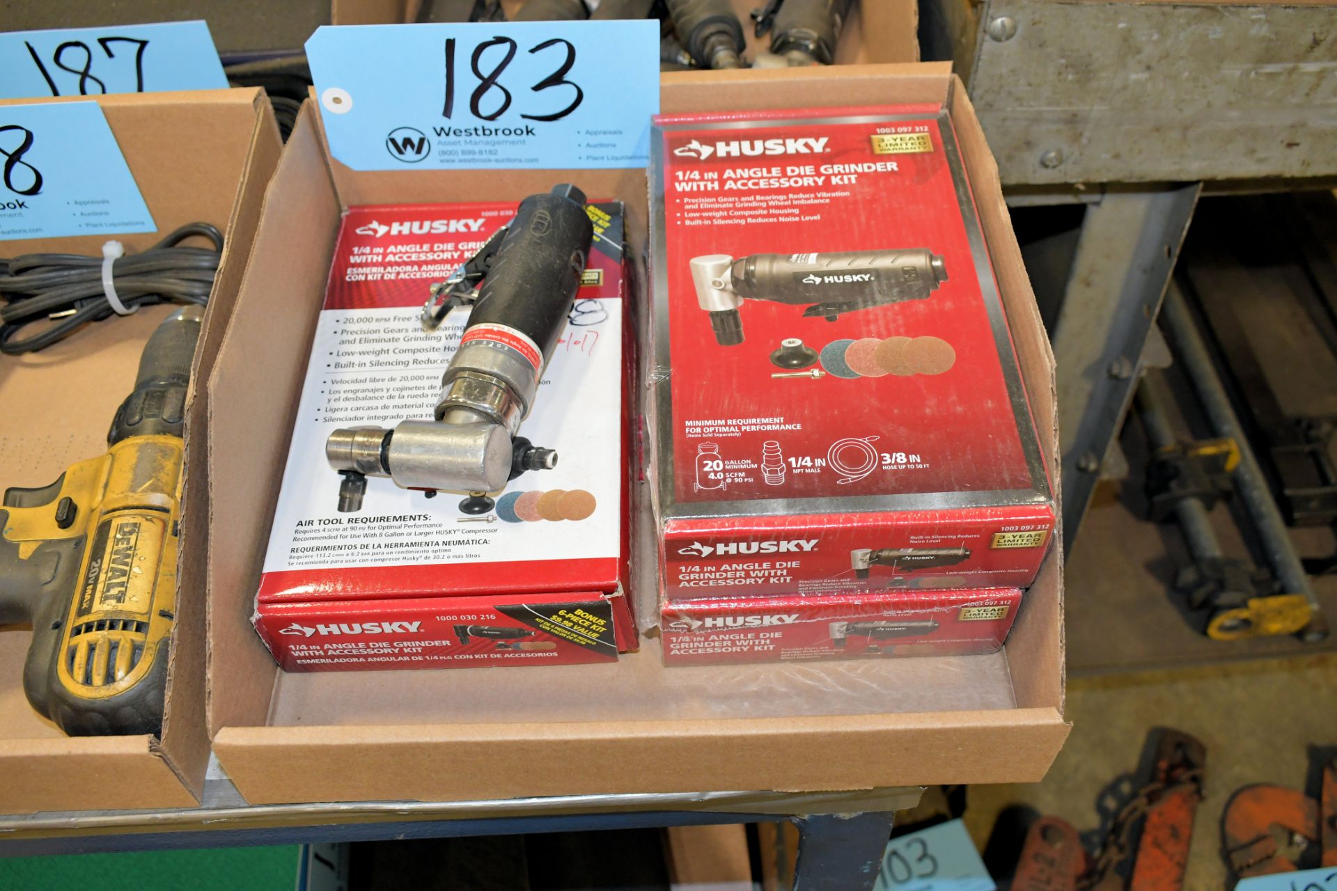 Lot - (2) NEW Husky Model H4230C 1/4" Pneumatic Angle Die Grinders with ...