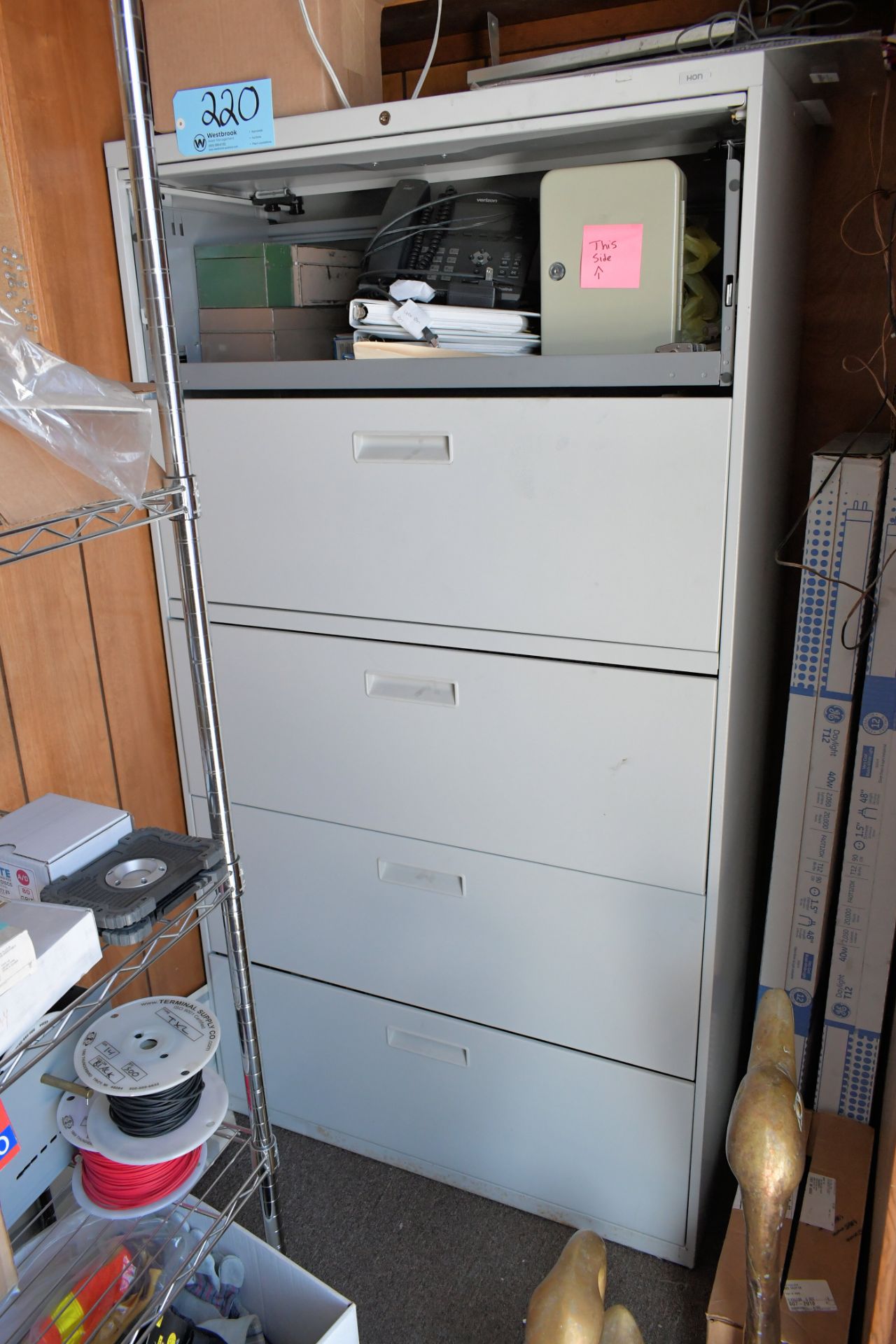 Lot - (2) Wood Desks with (1) Hutch, (1) 4-Drawer Legal Size File ...