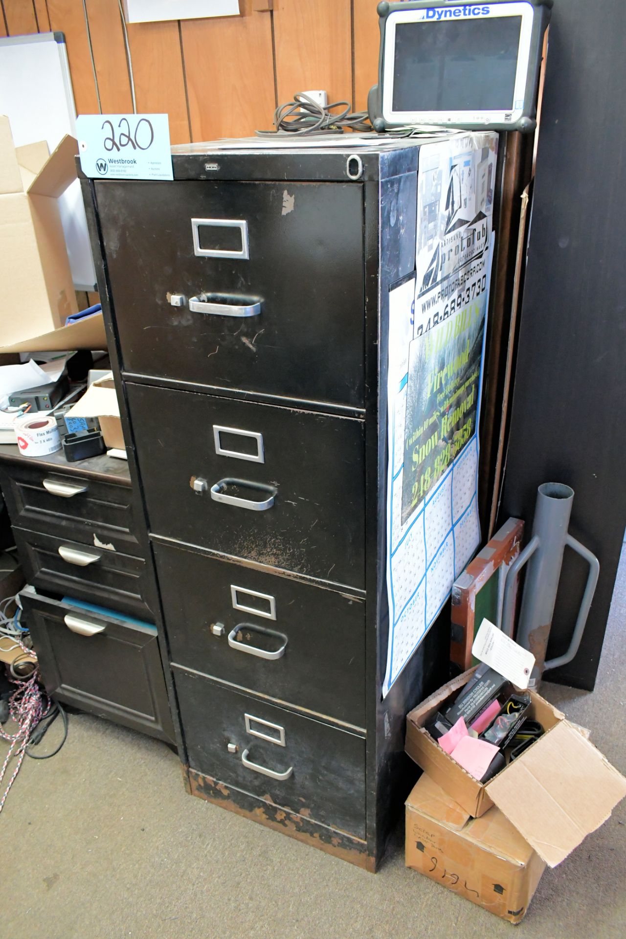 Lot - (2) Wood Desks with (1) Hutch, (1) 4-Drawer Legal Size File ...