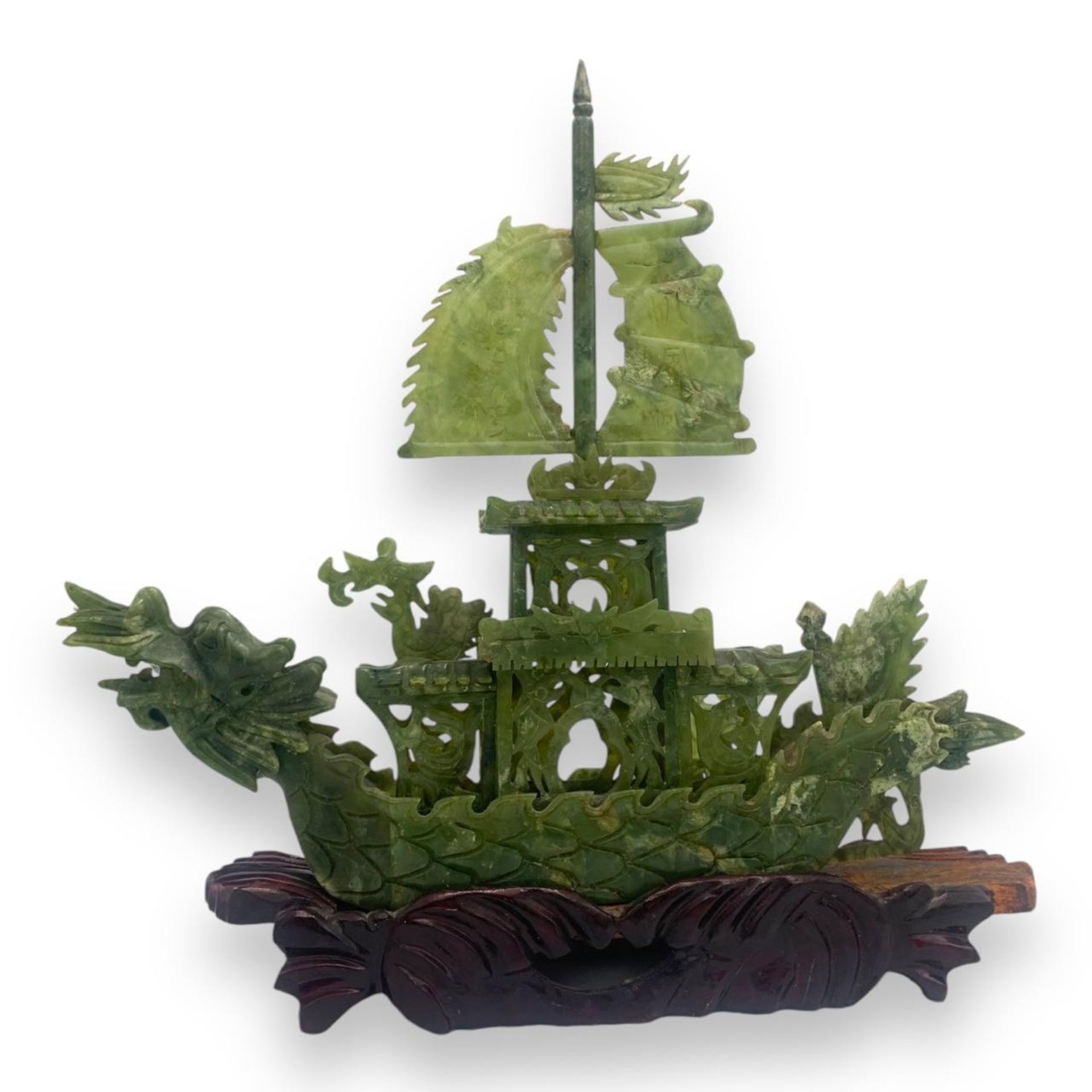 A rare Antique Chinese Sebastian Jade Dragon Boat on handmade Wooden ...
