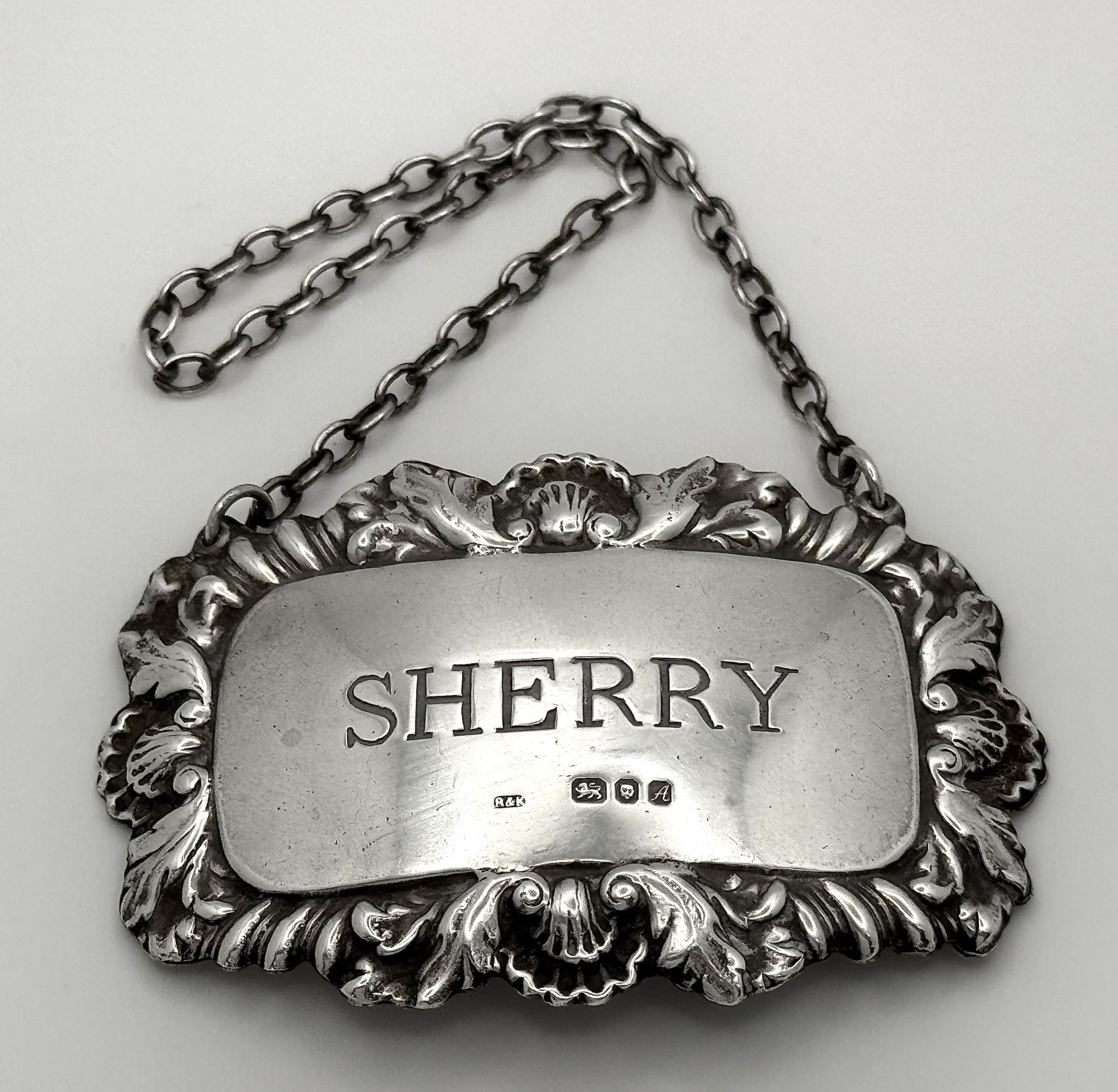 Vintage SILVER ‘SHERRY’ DECANTER/ BOTTLE LABEL. Full UK hallmark. Leaf ...