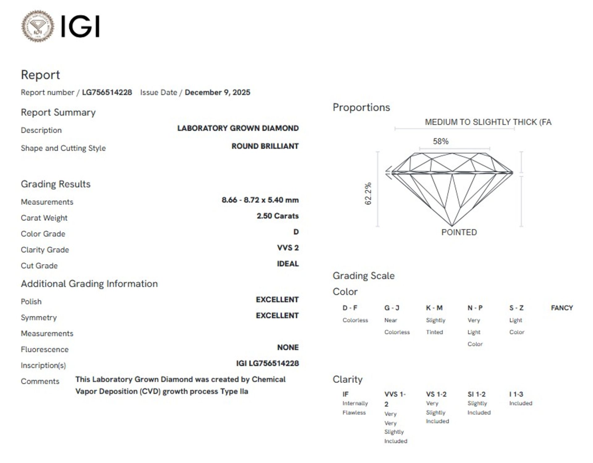 A 2.50ct Round Brilliant Cut Lab-Grown Diamond. Colour D, clarity VVS2 ...