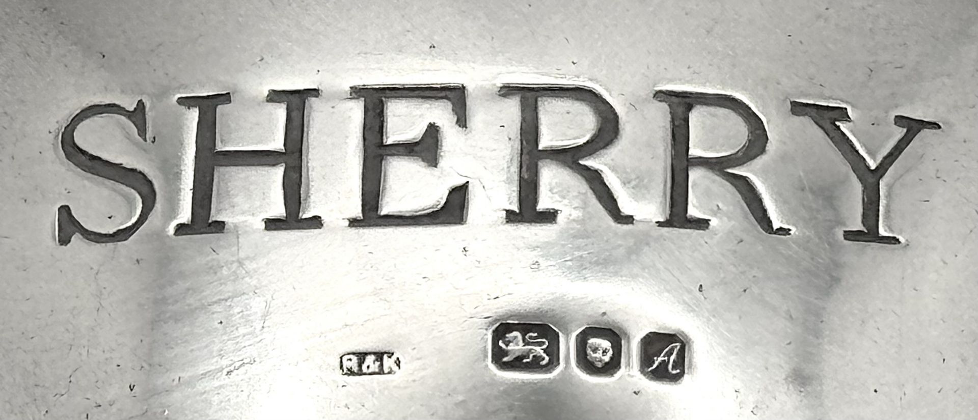Vintage SILVER ‘SHERRY’ DECANTER/ BOTTLE LABEL. Full UK hallmark. Leaf ...