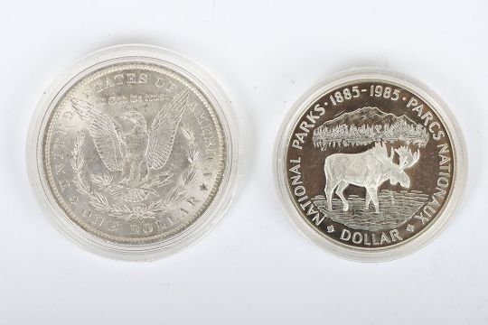 USA Morgan Dollar 1884 Oregan mint, with Canada 1985 silver Dollar, (2)
