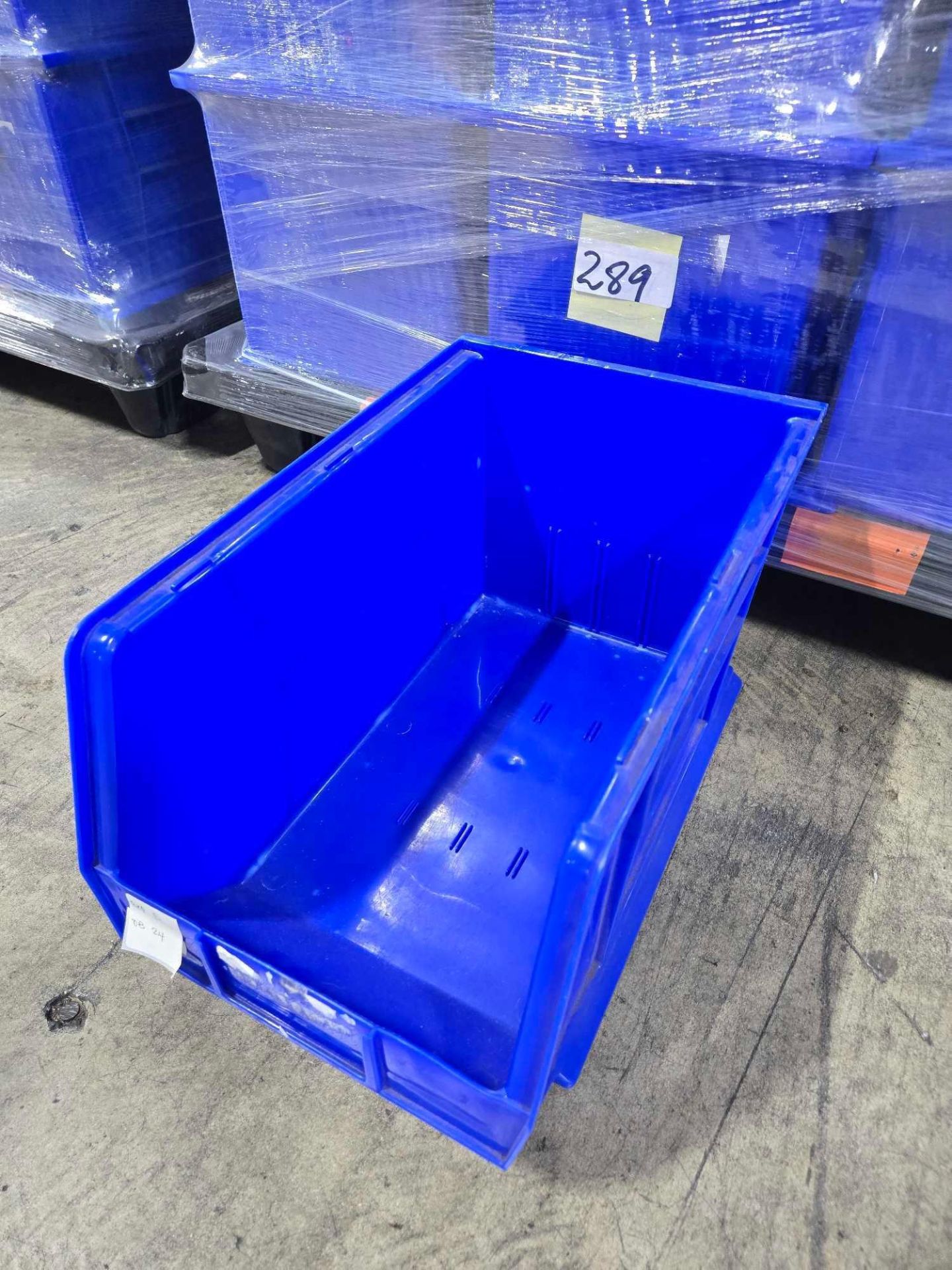 Lot of +/- 45 Uline blue stackable storage bins 11 inches (W) X 18 ...