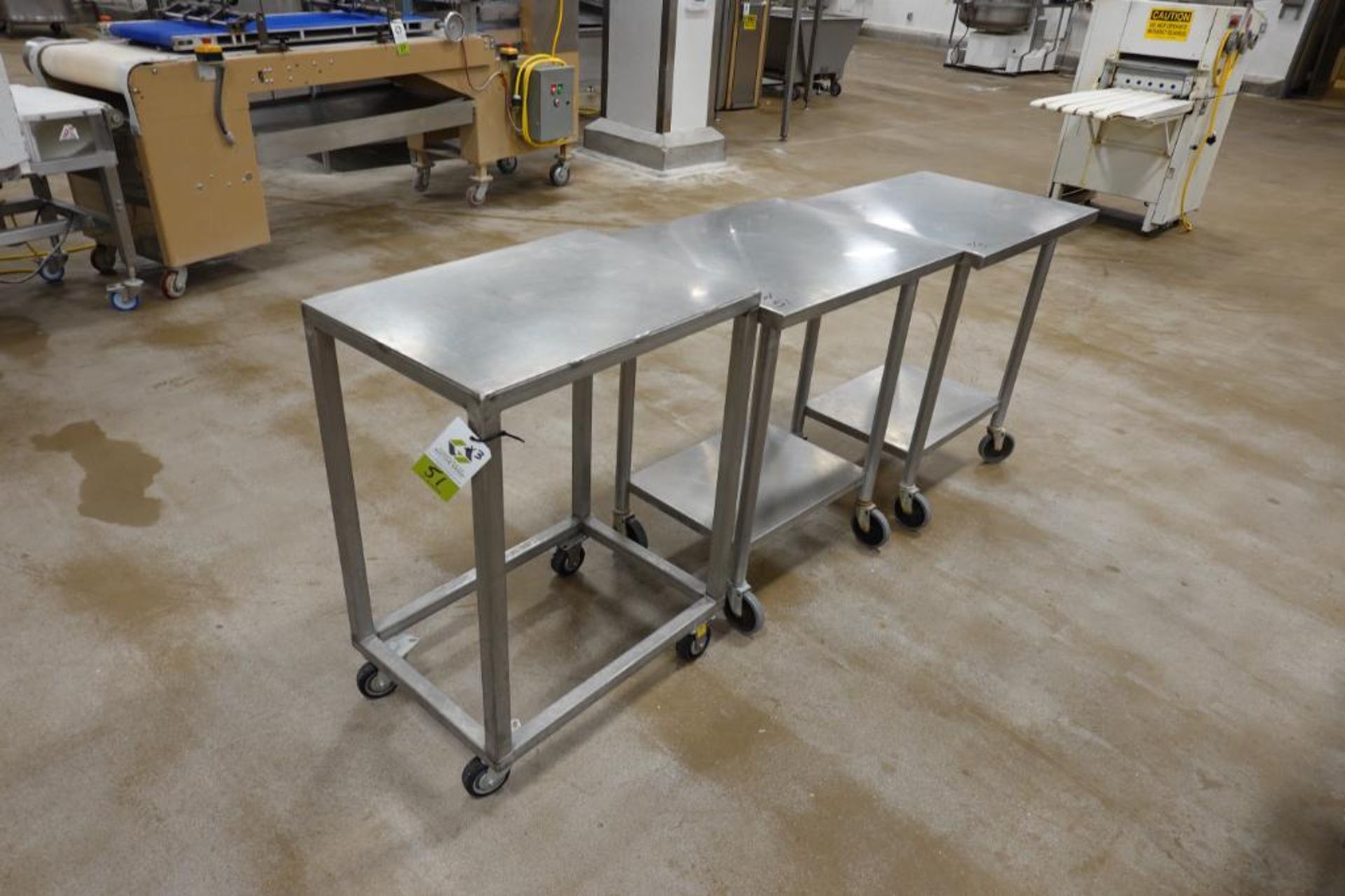 (3) assorted SS tables on casters **{3rd Party Simple Rigging and ...