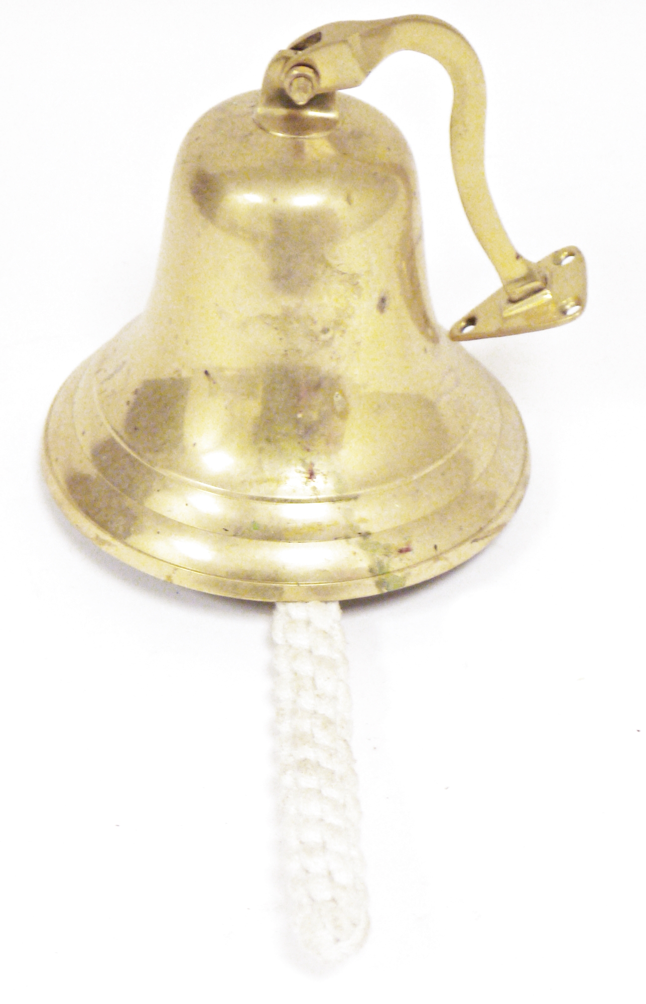 Reproduction brass ship's bell on a swinging wall bracket, the clapper ...