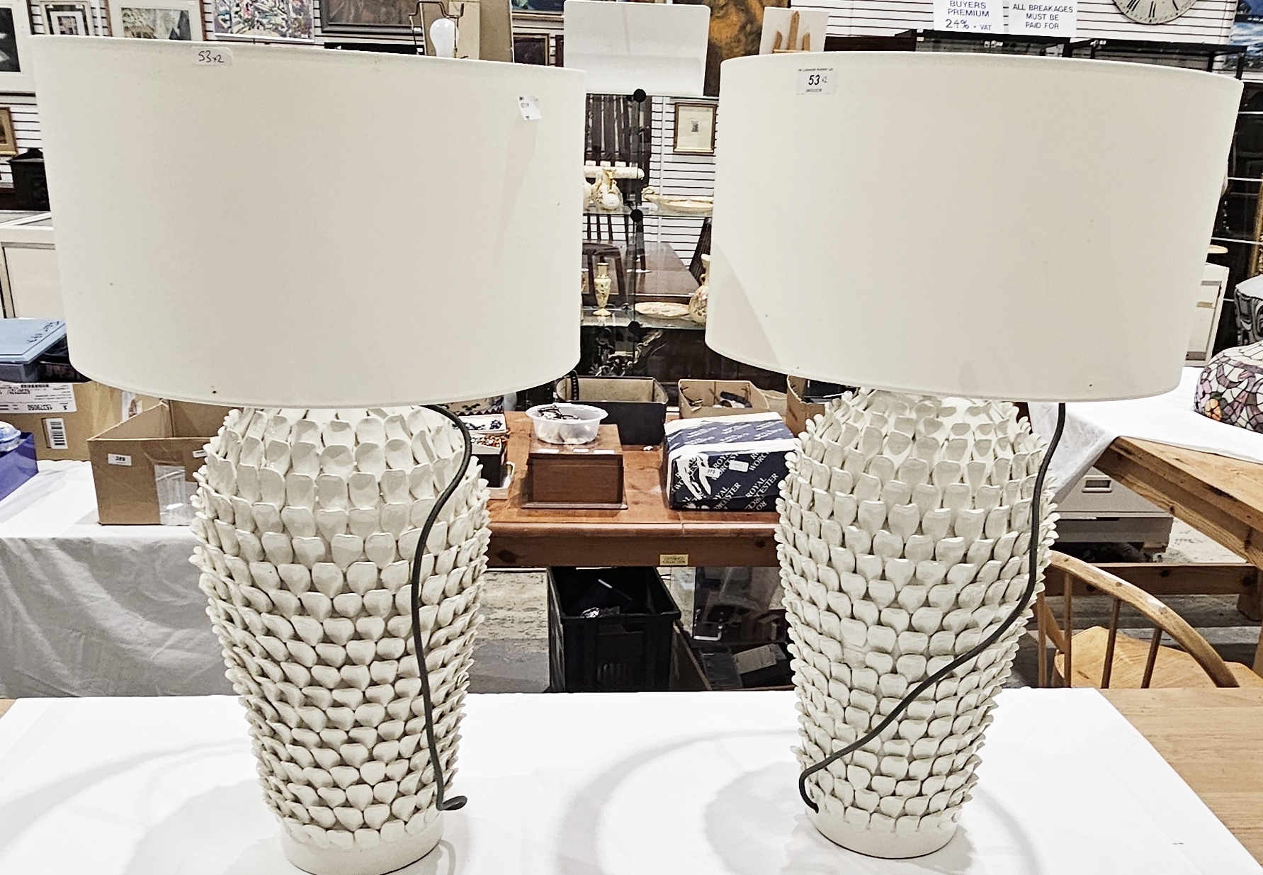 Pair of Pooky white glazed majolica-style pinecone-shaped large table ...