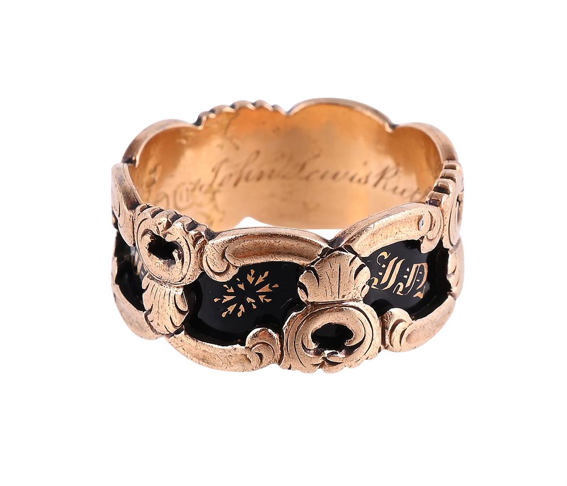 AN EARLY VICTORIAN MOURNING RING LONDON 1838 the shaped band with black ...