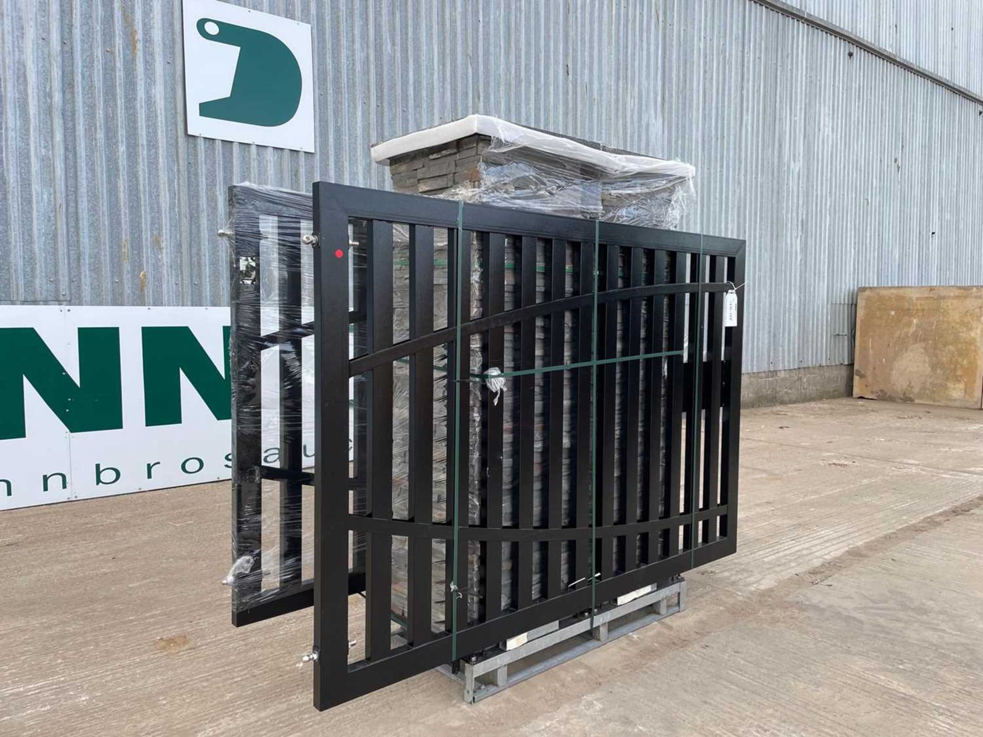 Unused 17 Ft Wrought Iron Double Swing Gates With Stone Effect Pillars ...