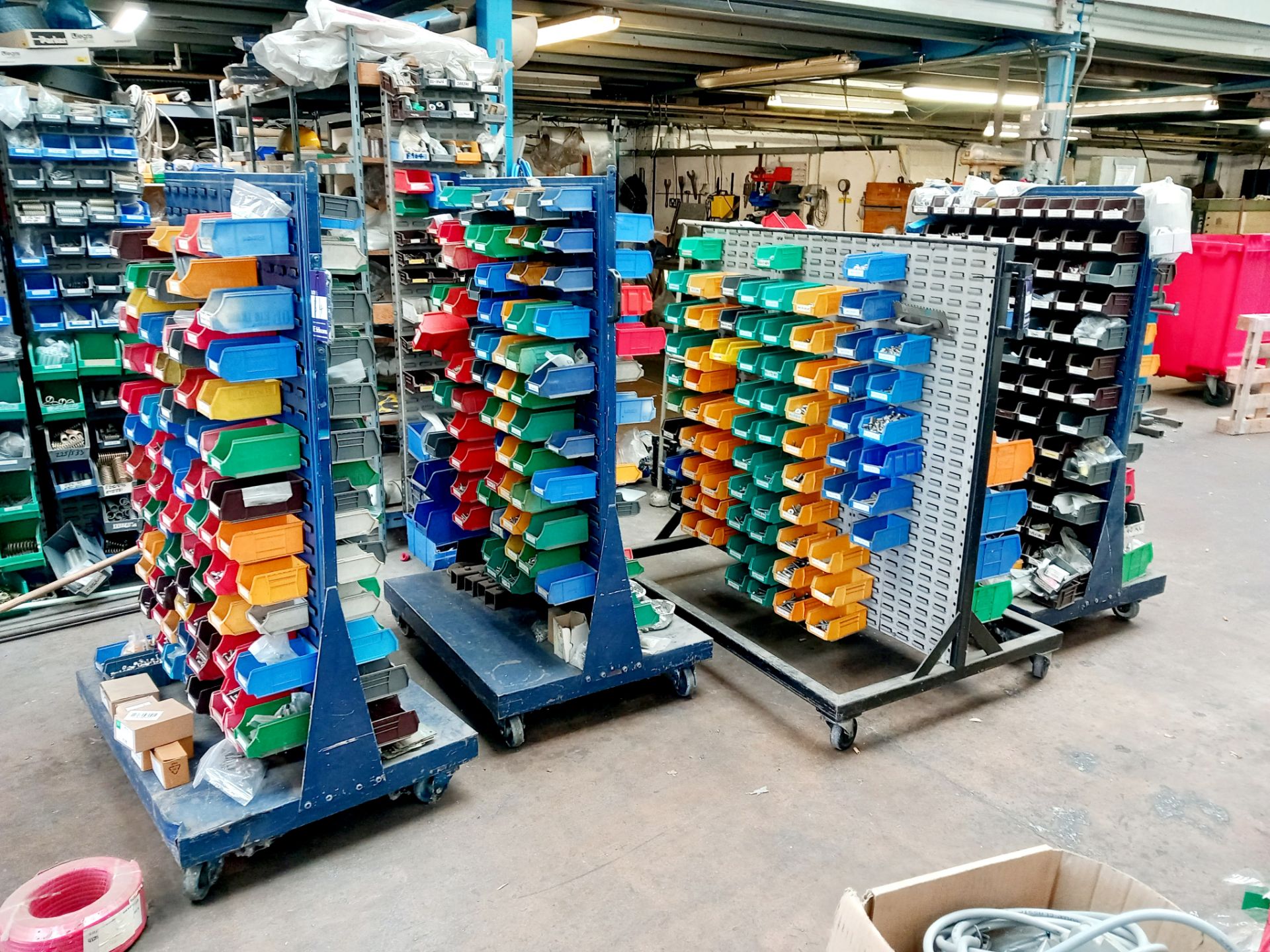5 x Mobile lin bin racks with quantity of various nuts, bolts, screws ...