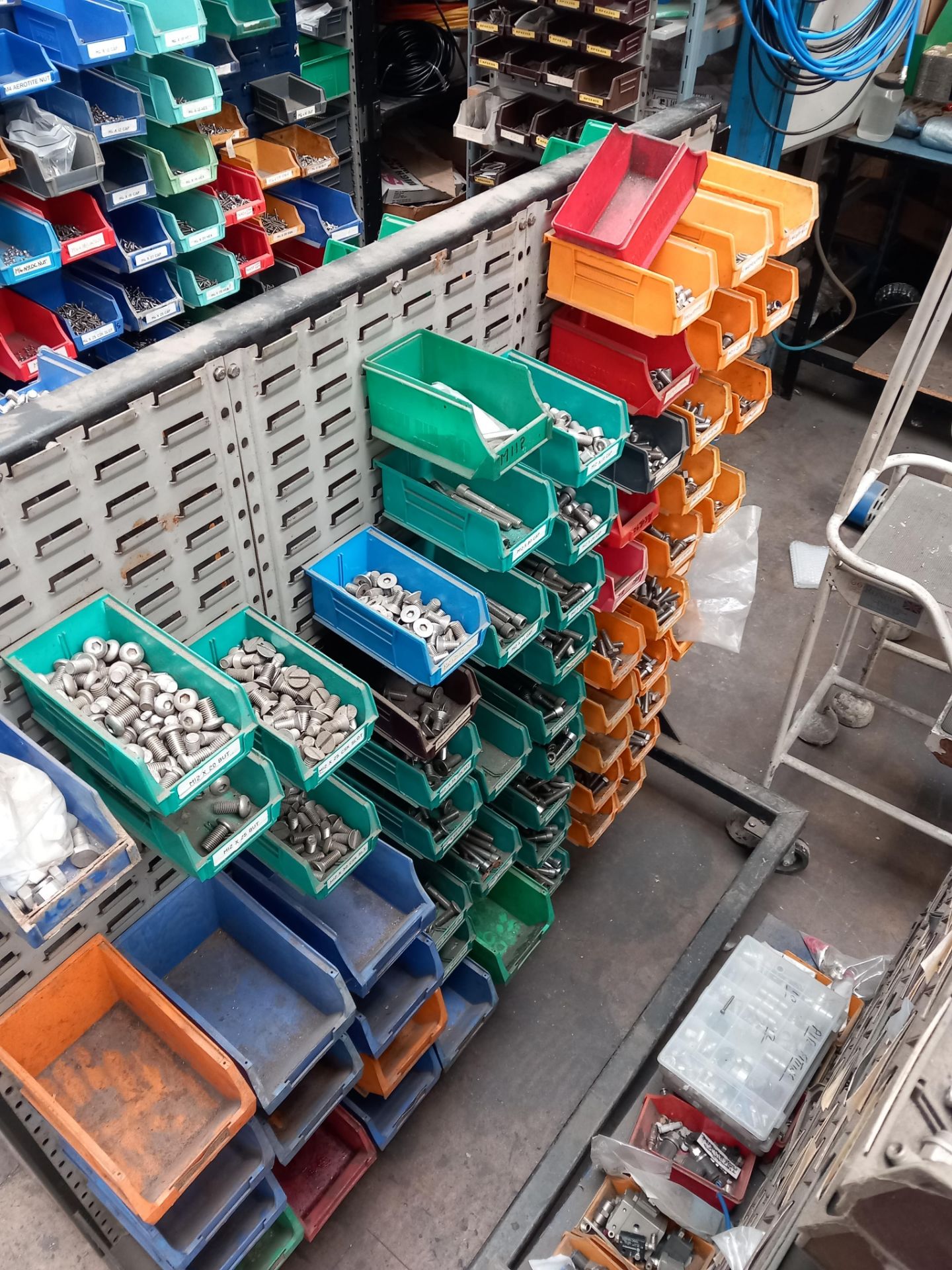 5 x Mobile lin bin racks with quantity of various nuts, bolts, screws ...