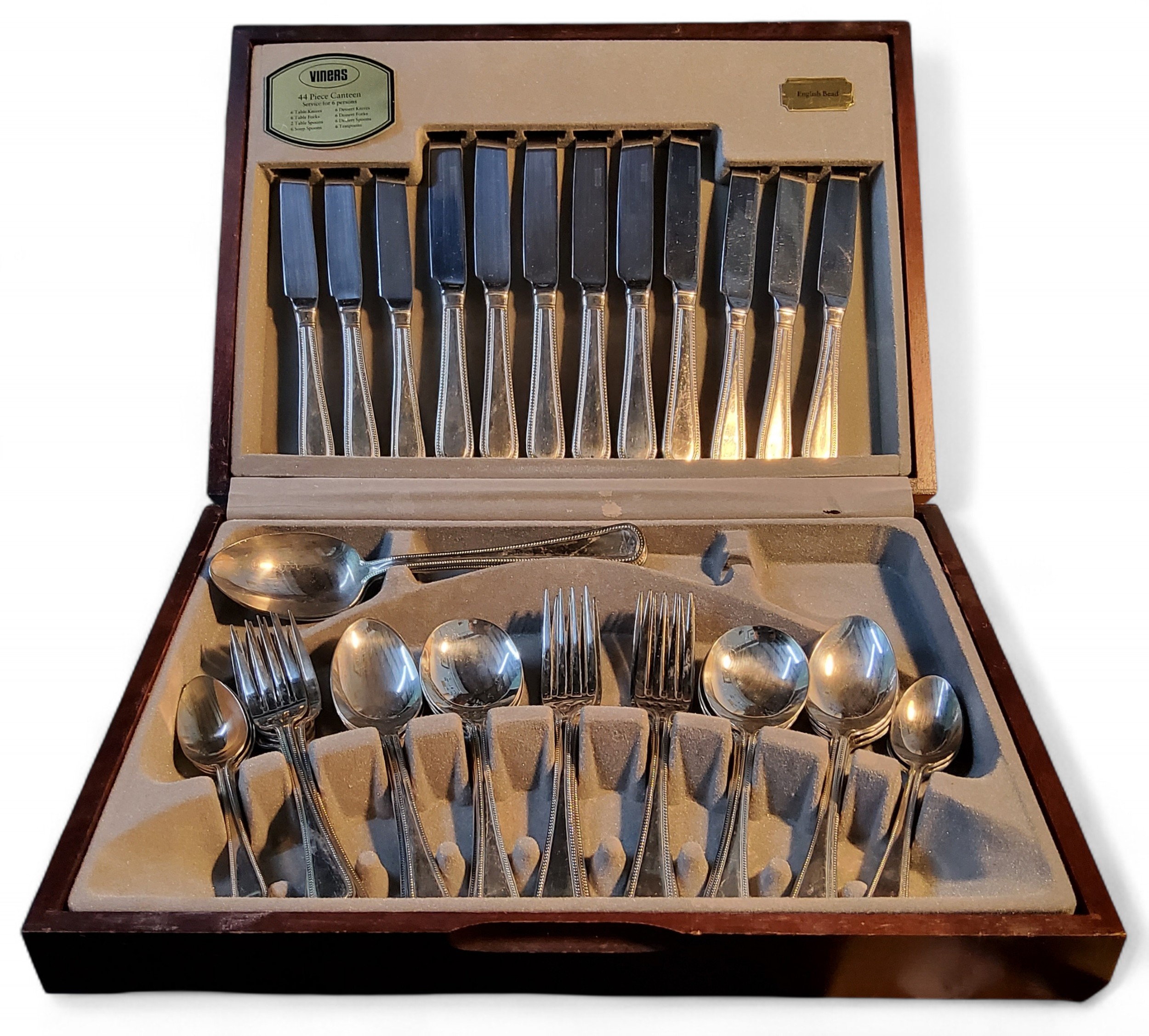 A Viners English Bead pattern canteen, for six, comprising soup spoons ...