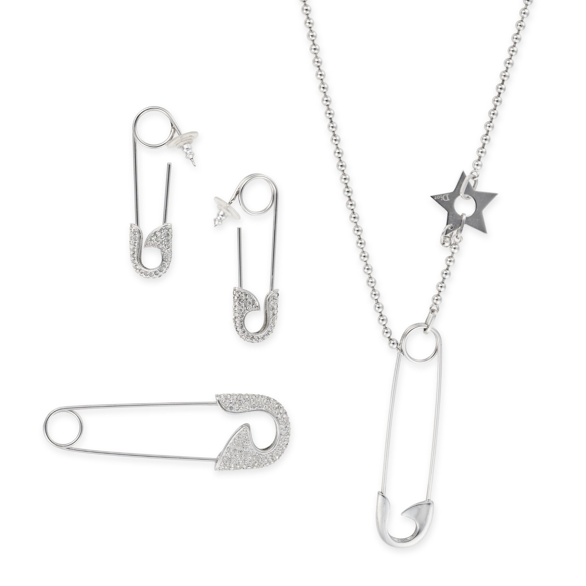 CHRISTIAN DIOR JOHN GALLIANO SAFETY PIN NECKLACE, EARRINGS AND BROOCH ...