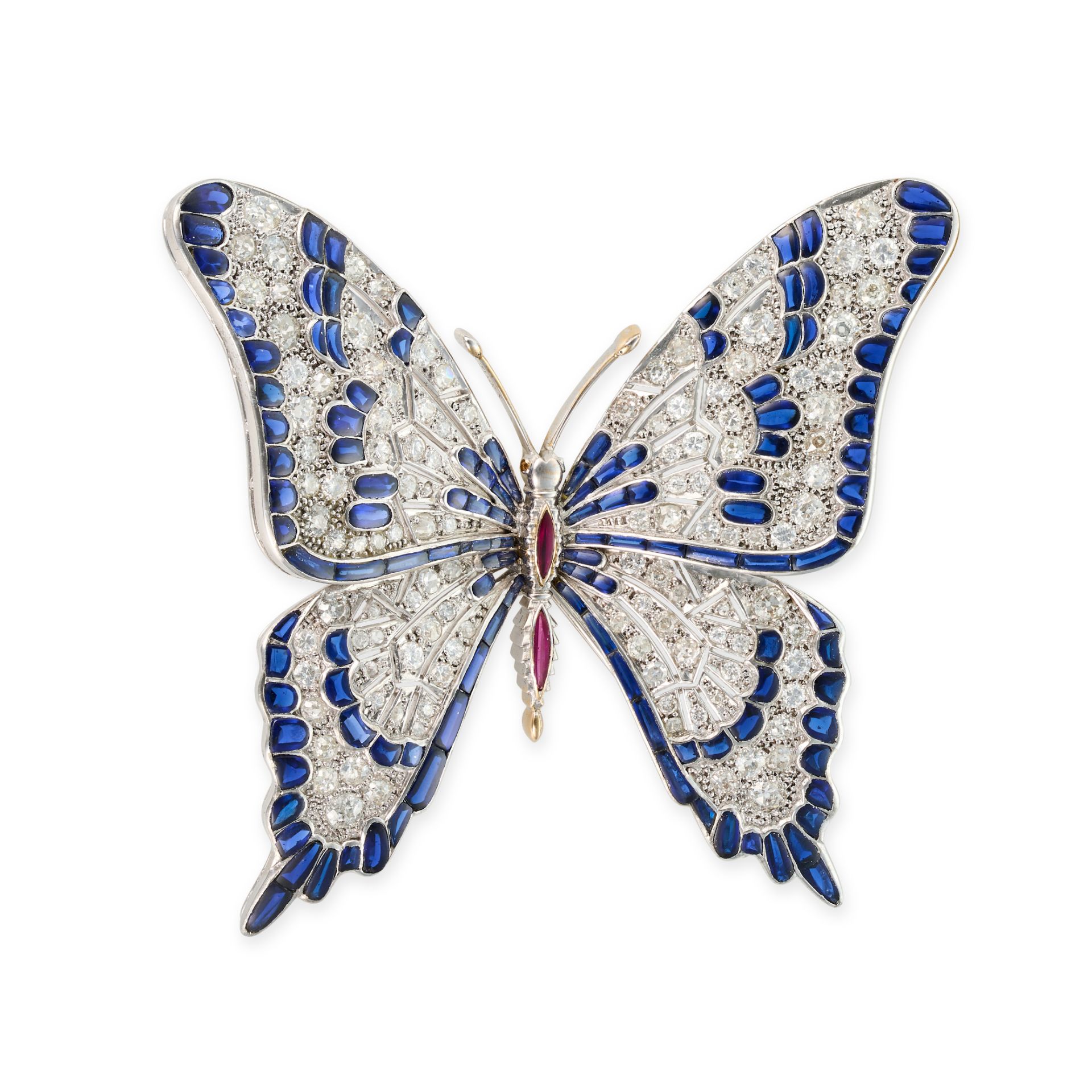 A FINE SAPPHIRE, DIAMOND AND RUBY BUTTERFLY BROOCH designed as a ...